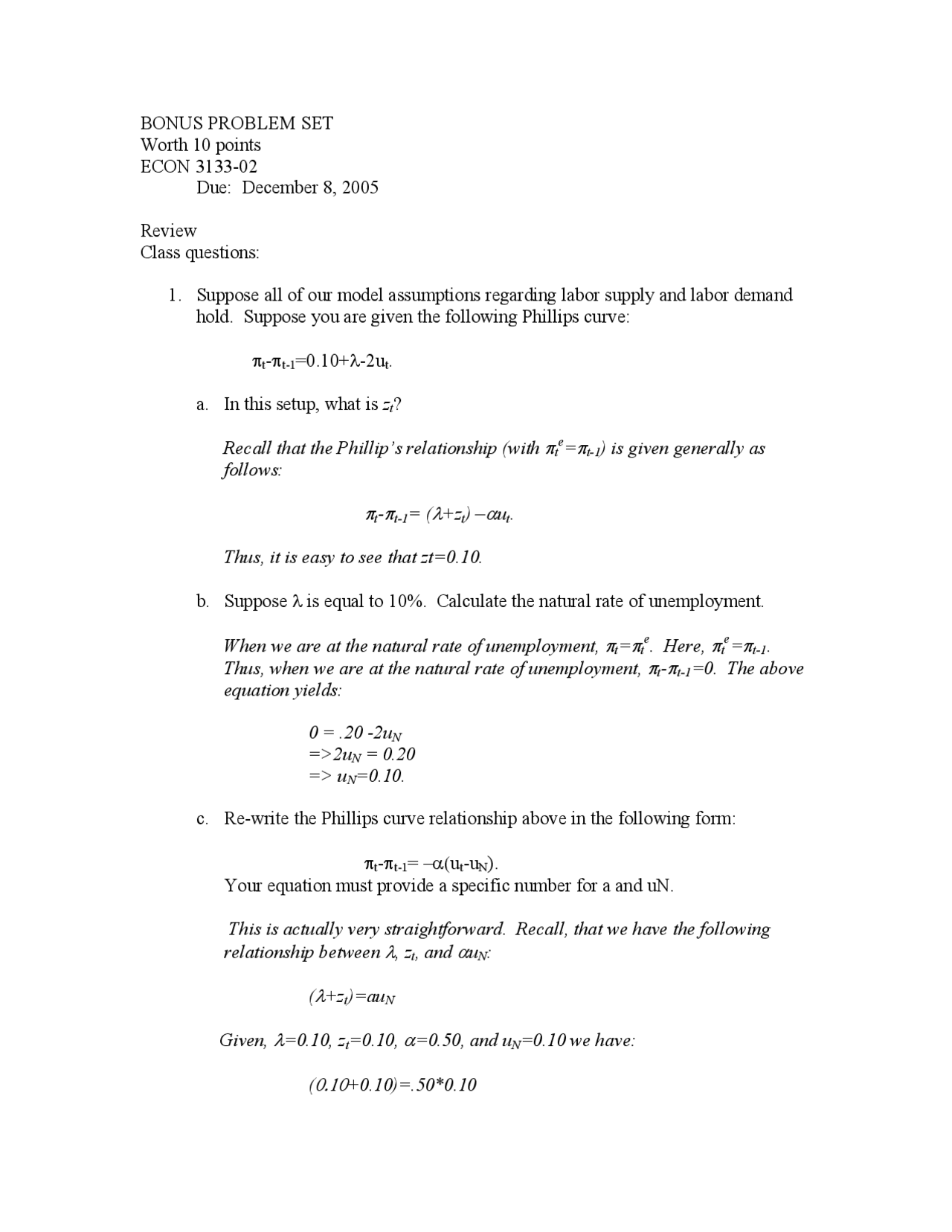 Bonus Problem Set Honors Intermediate Macroeconomic Theory Econ