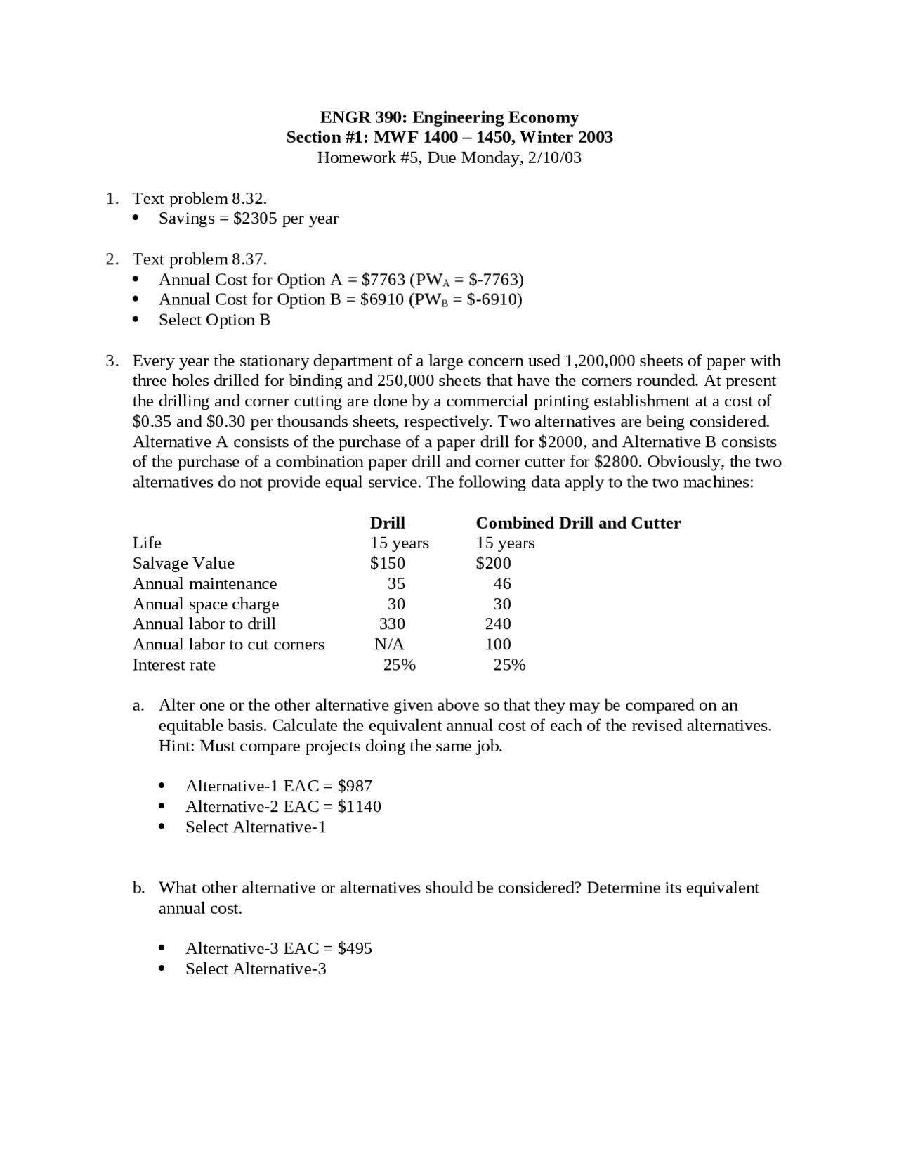 5 Problems On Engineering Economy Assignment Engr 390 Docsity