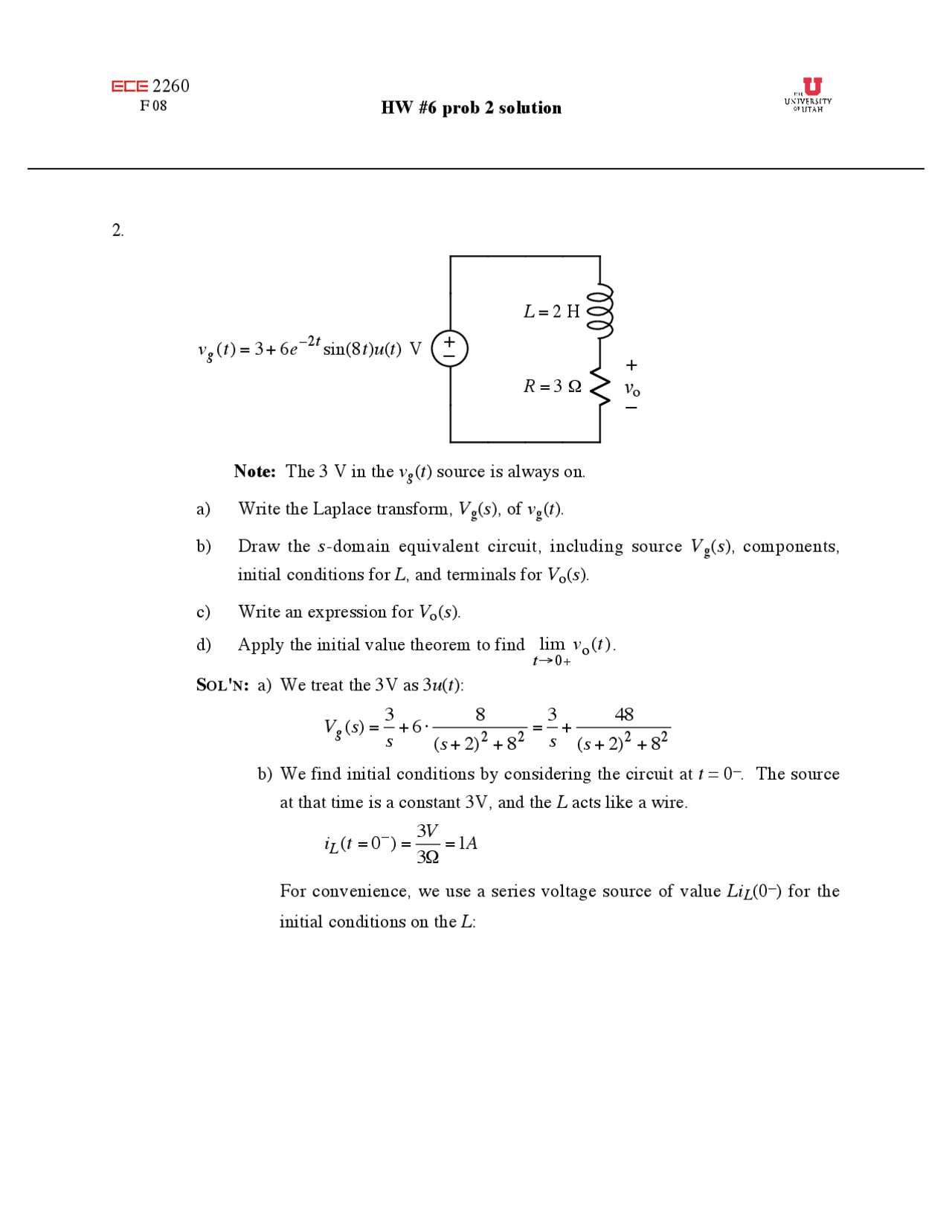 Solved Problems On Domain Equivalent Circuit Homework 6 Ece 2260