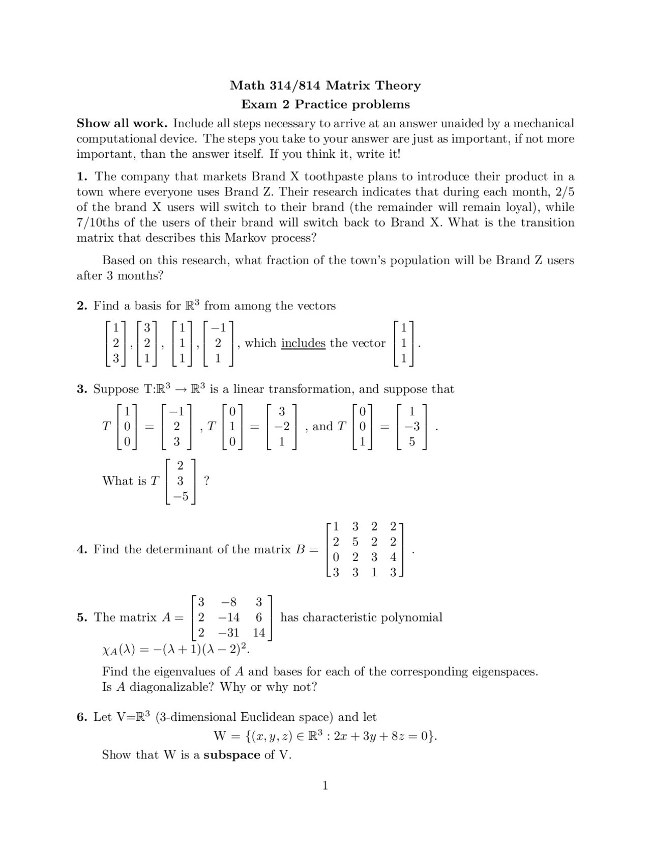 Exam2 Practice Problems Linear Algebra Math 314 Docsity