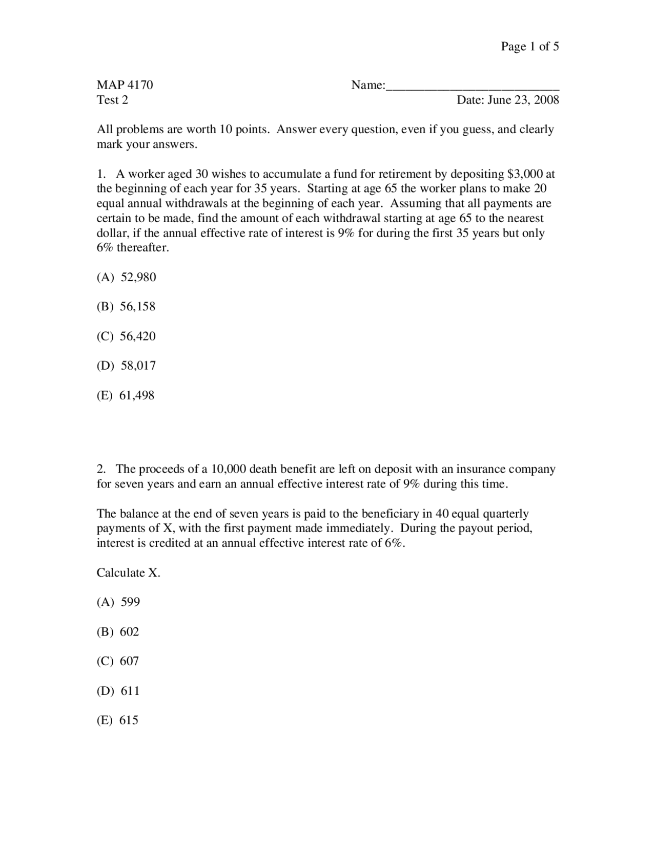 15 Mcqs For Exam 2 Introduction To Actuarial Mathematics Map 4170