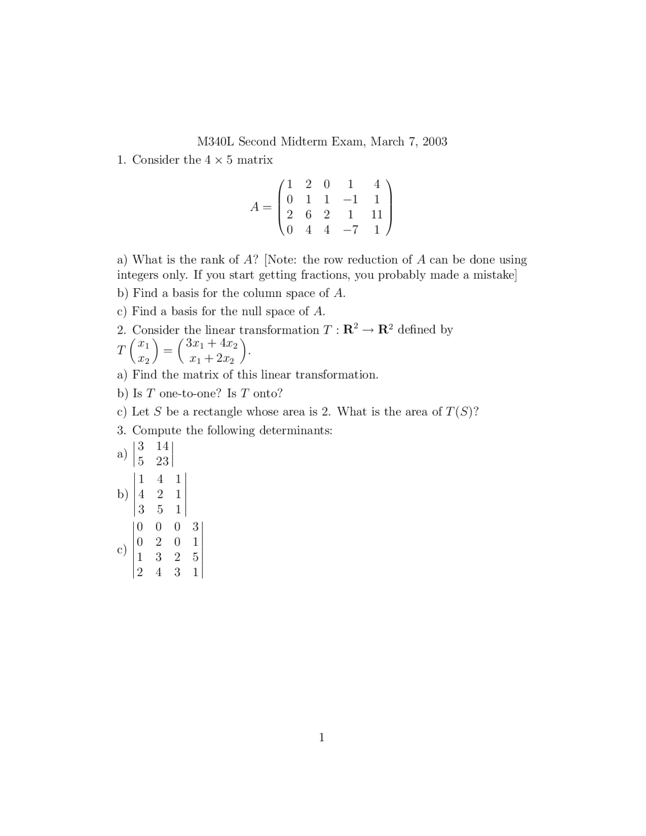 Midterm Exam 2 Matrices And Matrix Calculations M 340l Docsity