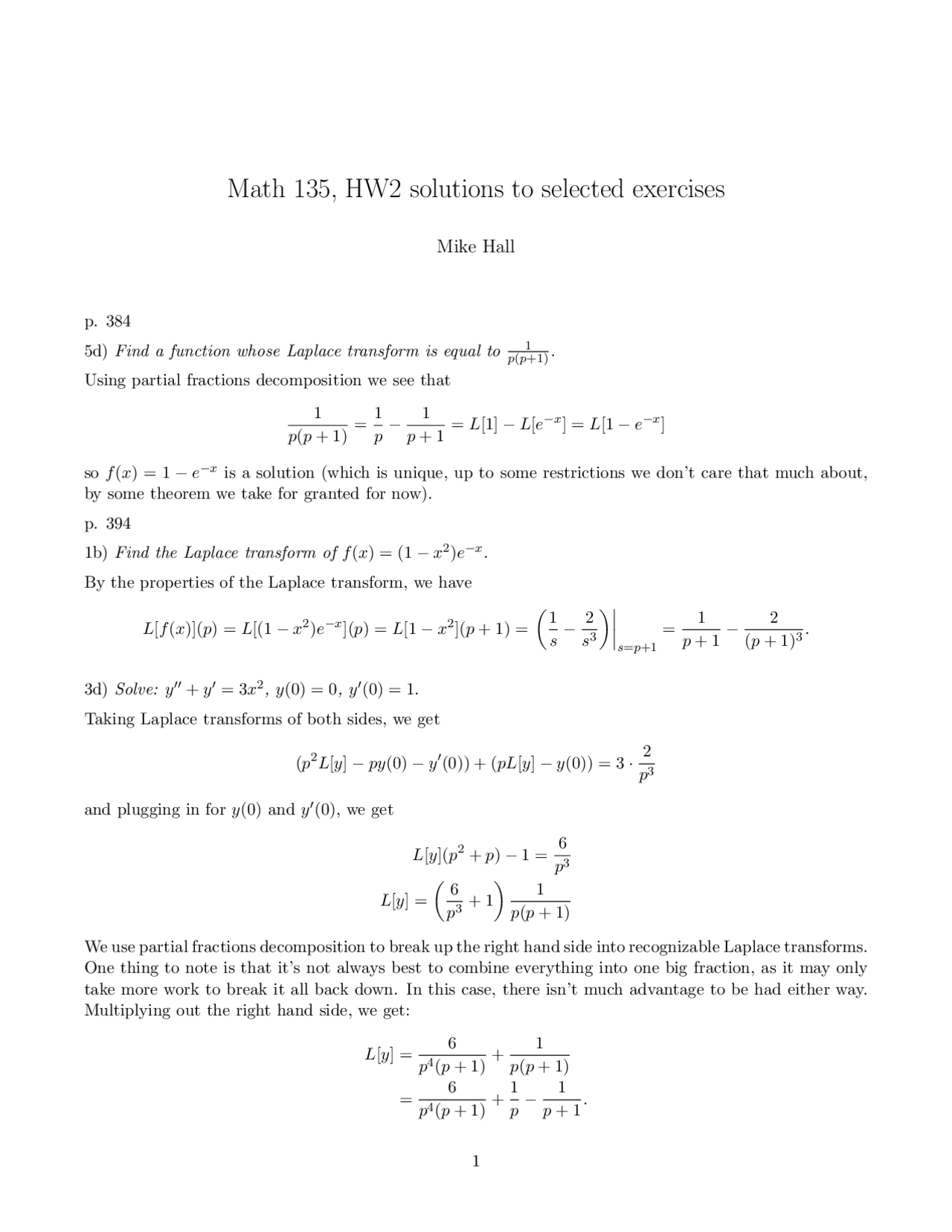 Homework 2 Solutions Ordinary Differential Equations Math 0135
