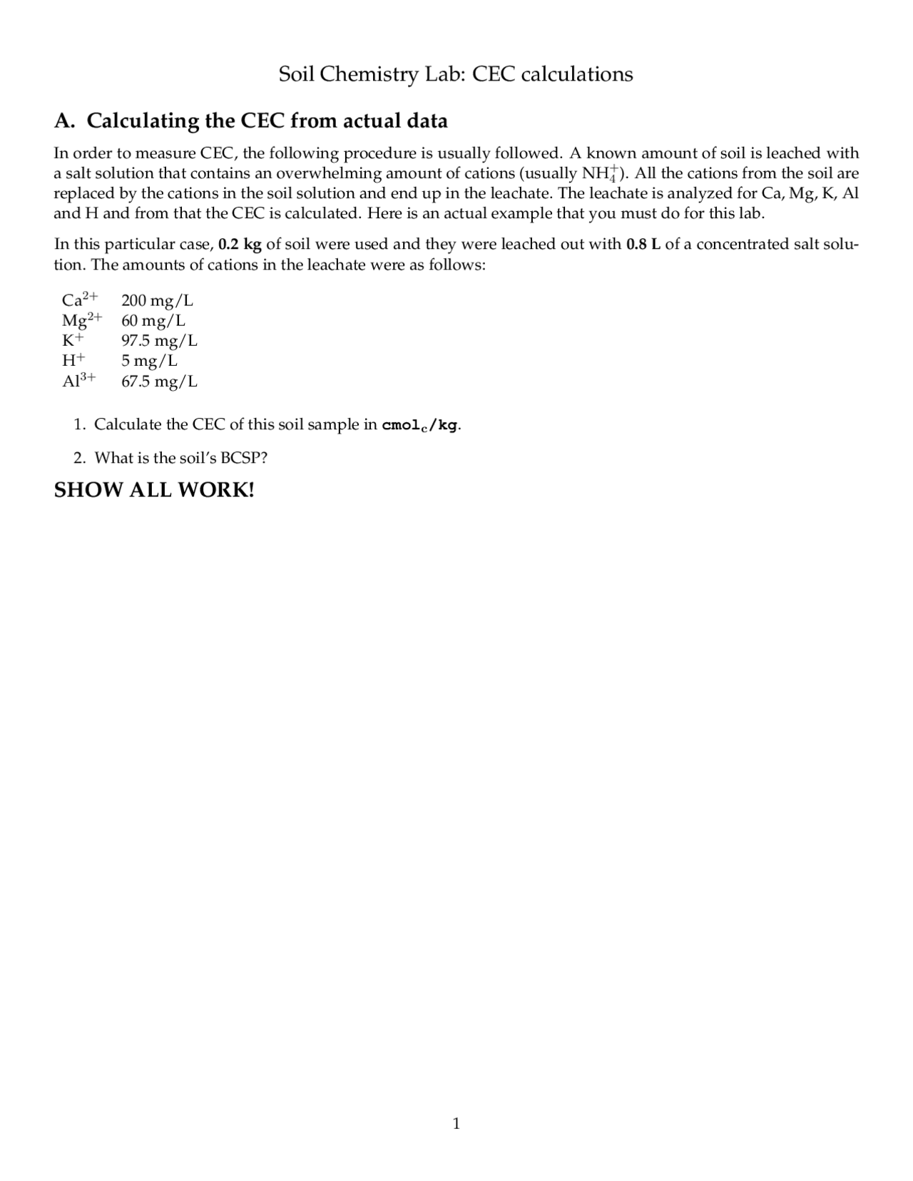 Soil Chemistry Lab: CEC Calculations - Soil Science | BIO 334 - Docsity