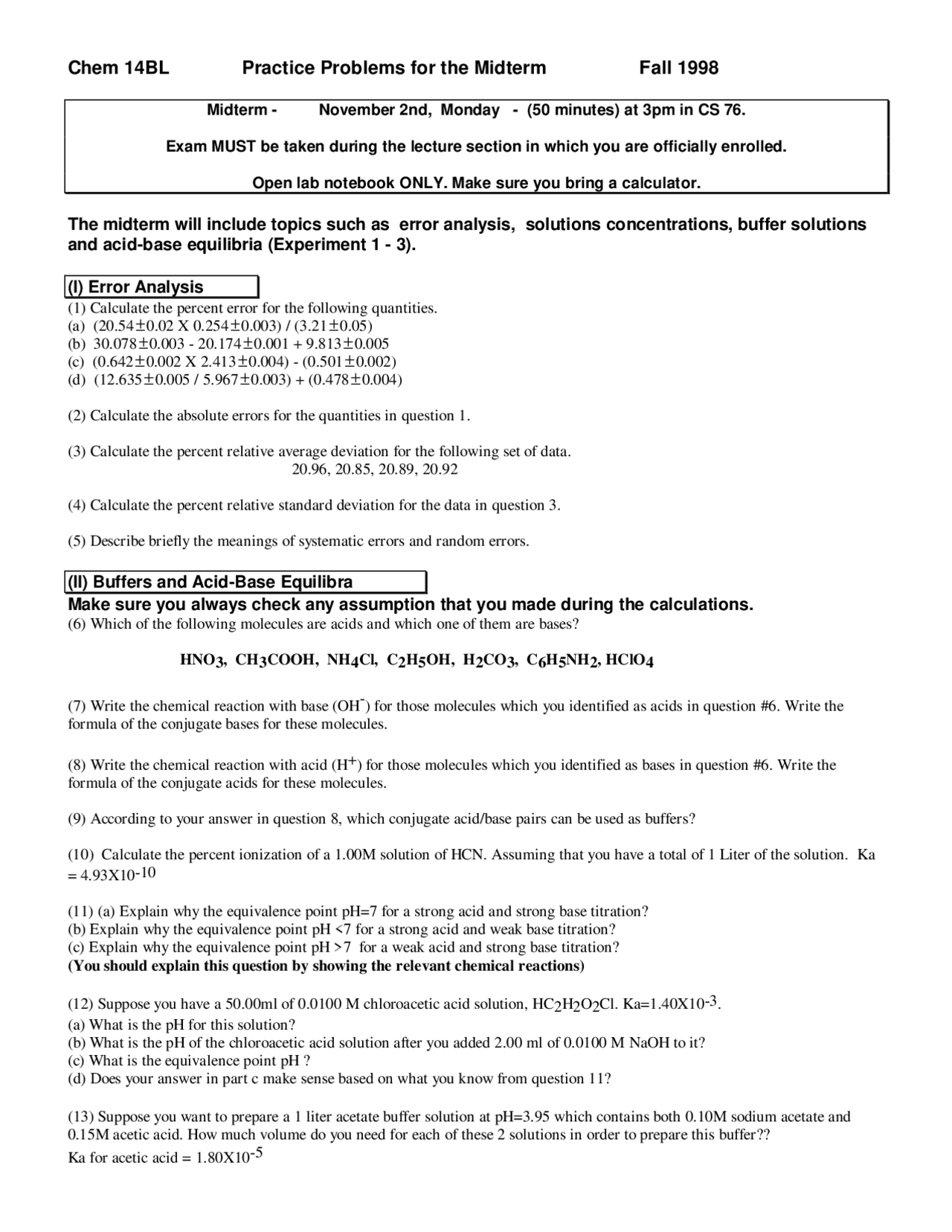 Practice Problems For The Midterm General And Organic Chemistry Lab