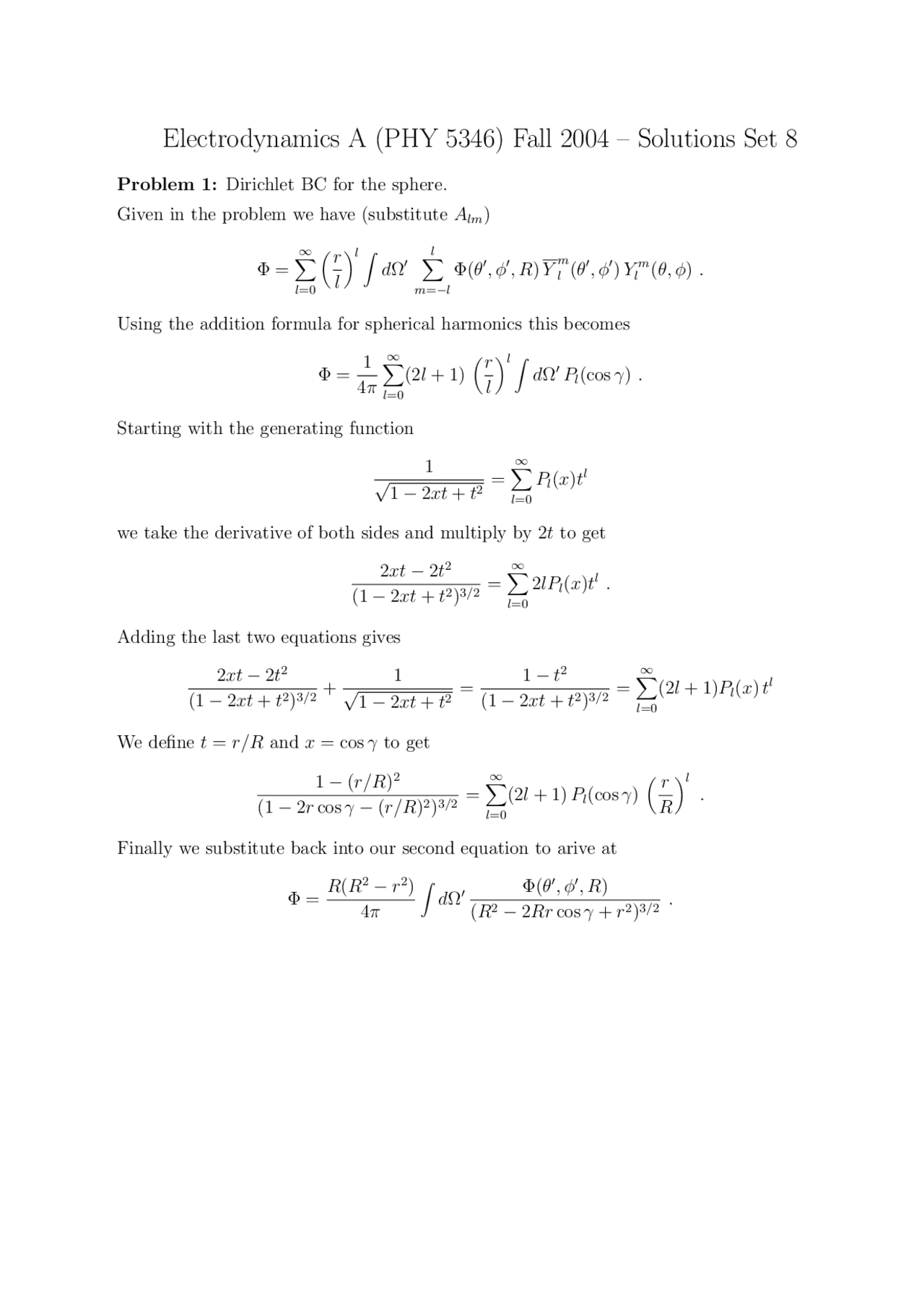Solutions To Problem Set 8 Electrodynamics A Phy 5346 Assignments