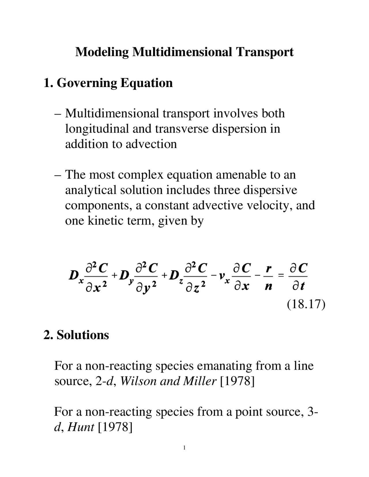 Modeling Multidimensional Transport Lecture Notes Bsyse 595 Docsity