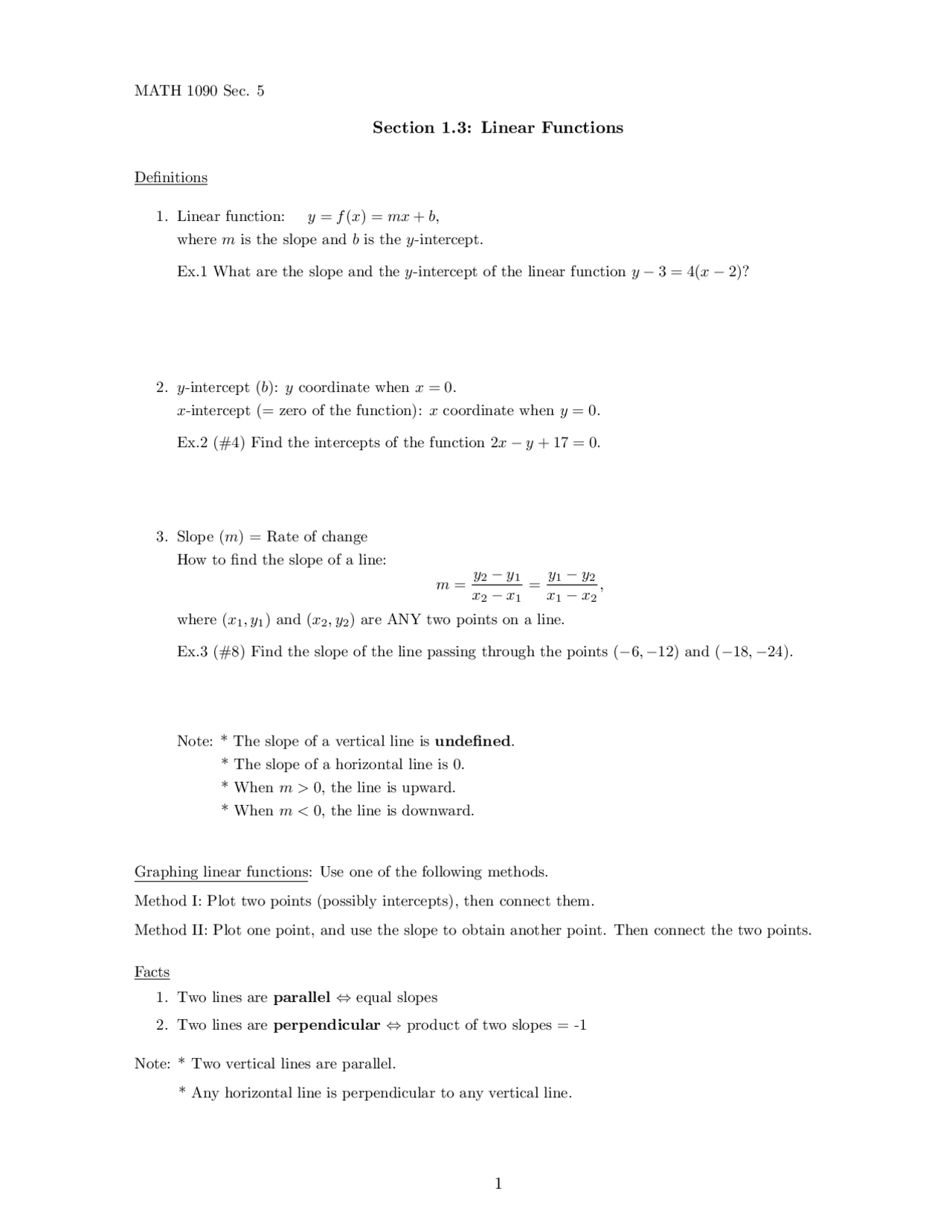 Linear Functions Lecture Notes Math 1090 Docsity