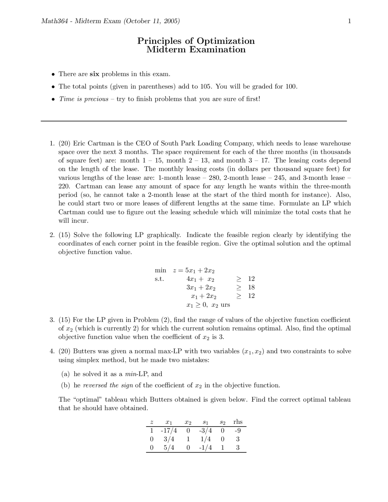 Principles Of Optimization Midterm Exam Questions Math 364 Docsity