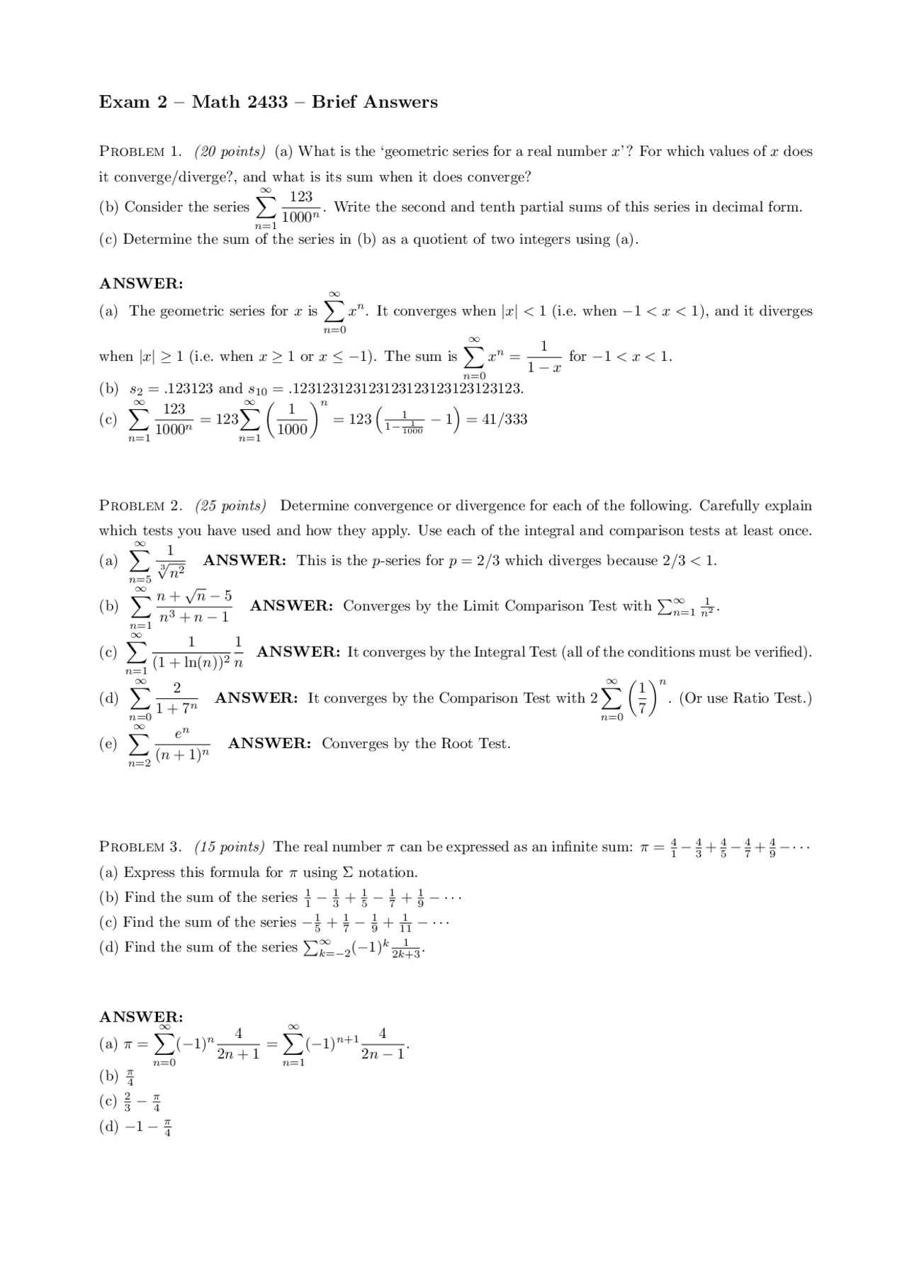 Math 2433 Exam 2 - Problem Solutions | Exams Analytical Geometry and Calculus | Docsity