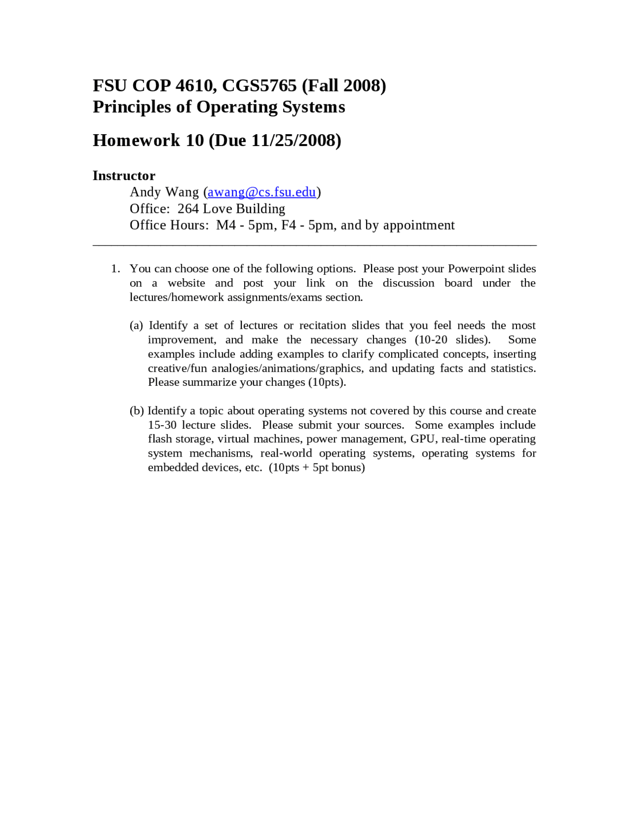 Problem Set 10 Principles Of Operating Systems Fall 2008 Cop 4610