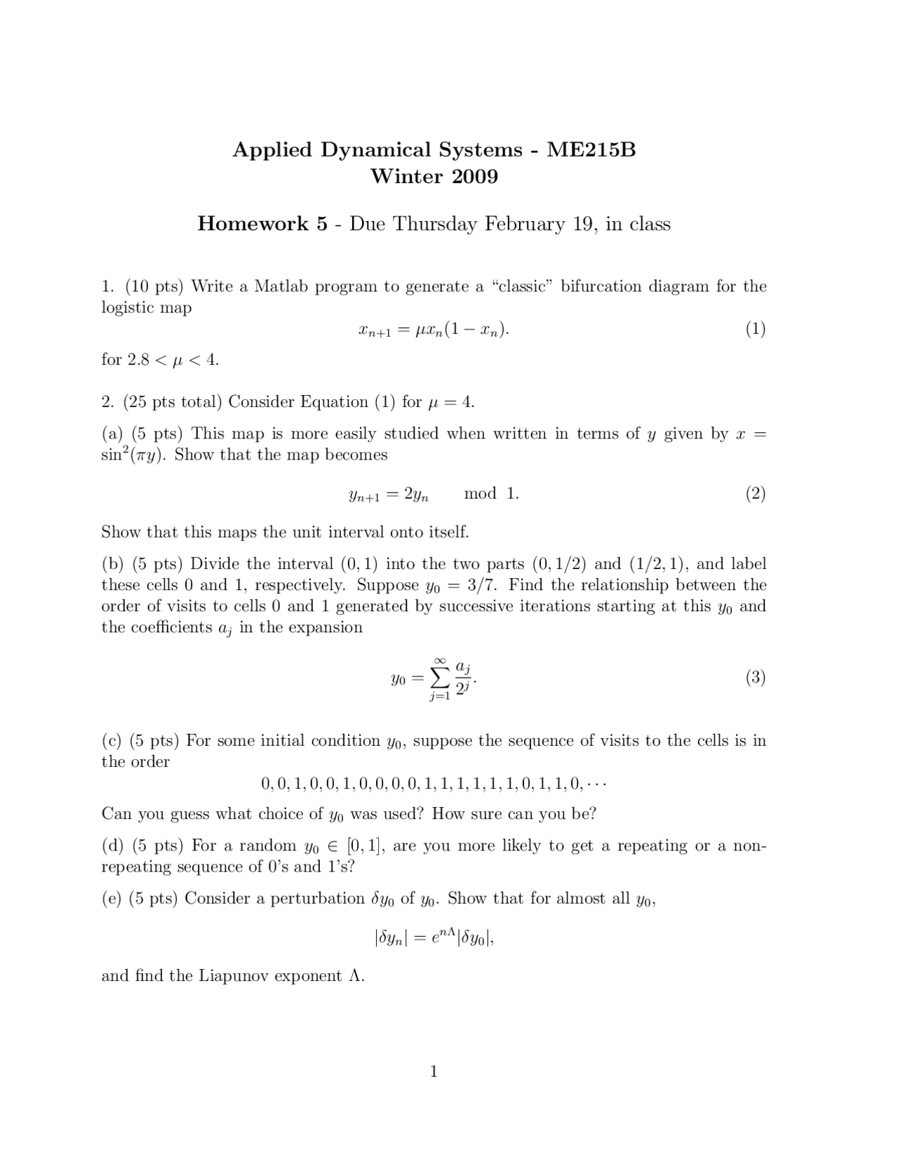 Homework 5 Applied Dynamic Systems Winter 2009 Esm 215 Docsity