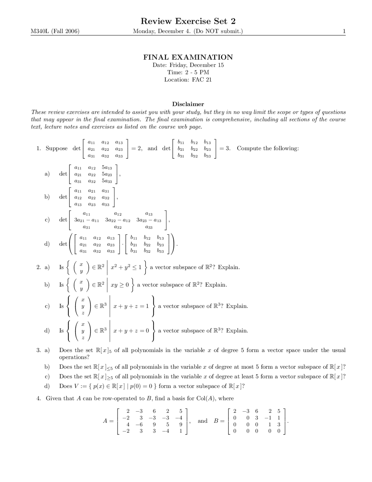 Review Exercise Set 2 For Matrices And Matrix Calculations M 340l