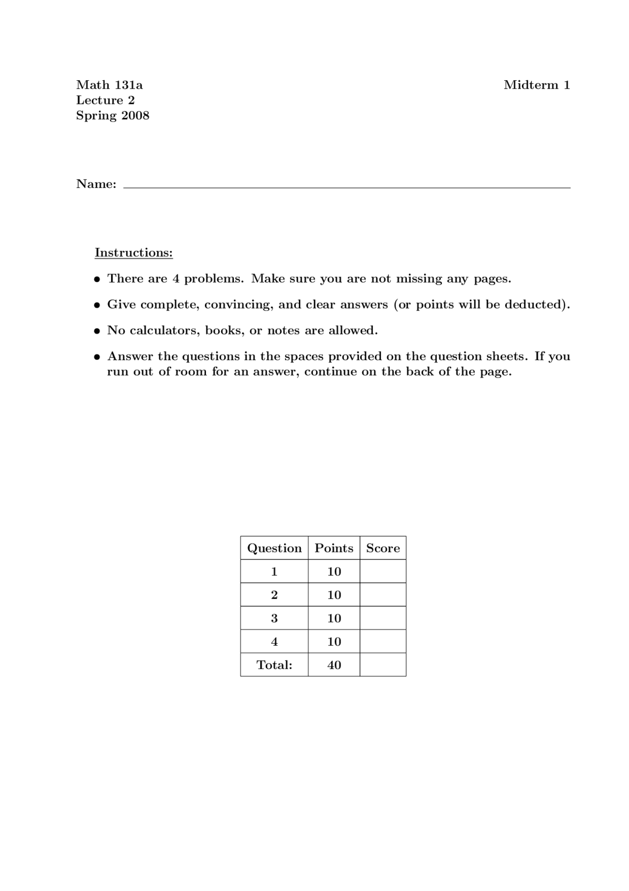 Midterm Exam 1 For Analysis Spring 2008 Math 131a Docsity