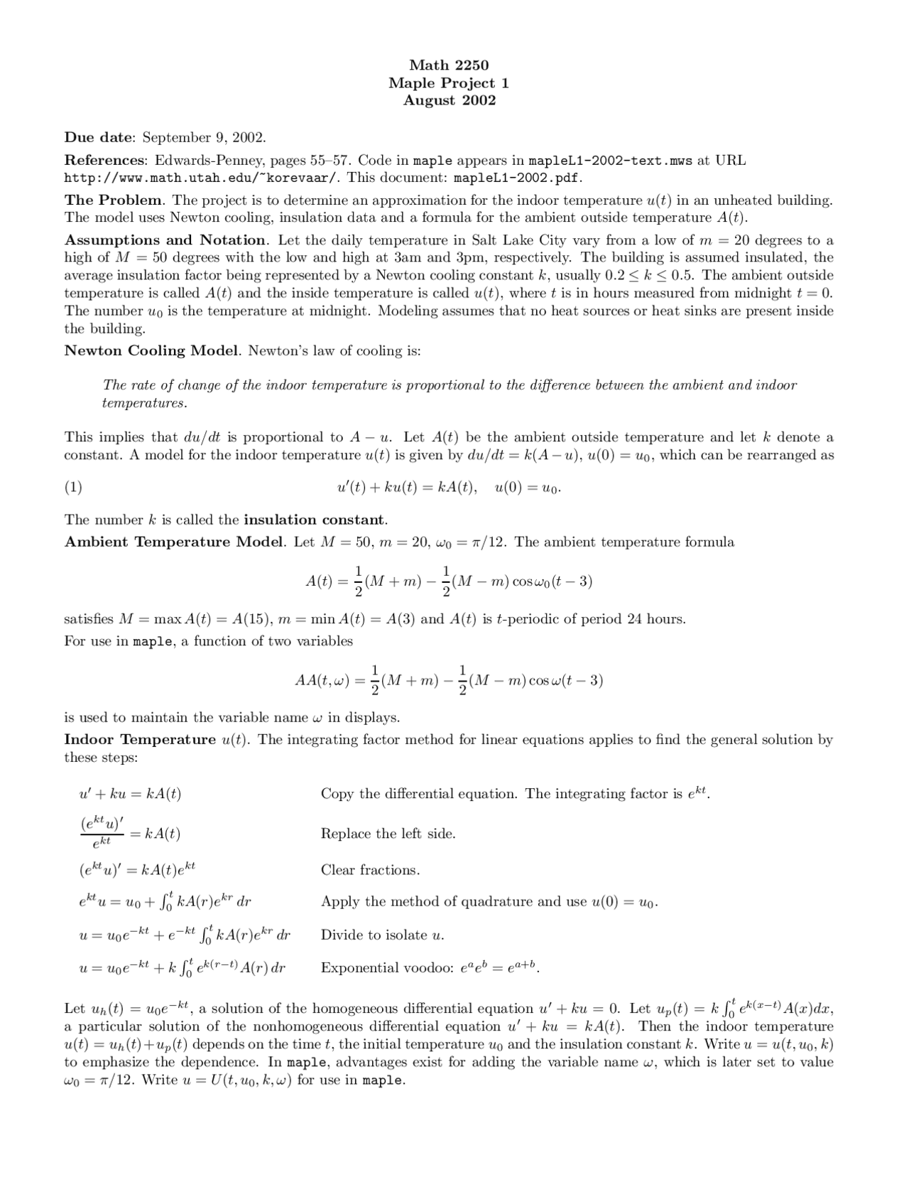 Maple Project 1 Linear Algebra And Differential Equations Math