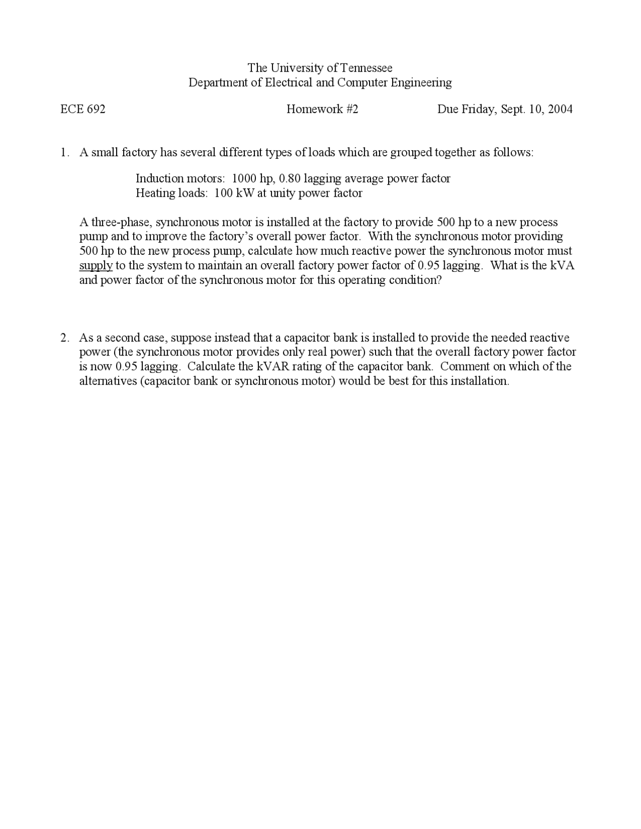 2 Questions for Assignment 2 - Discrete Time Modeling of Power | ECE 692 | Assignments ...