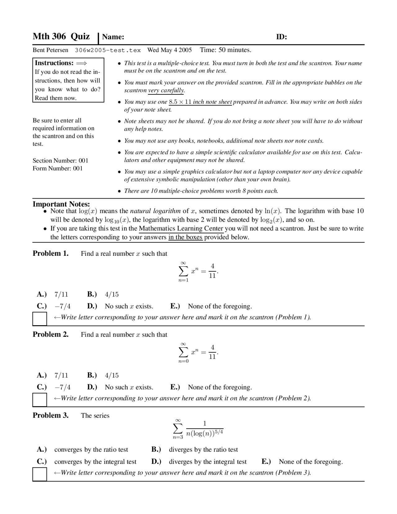 10 Problems On Matrix And Power Series Methods Quiz Mth 306 Docsity