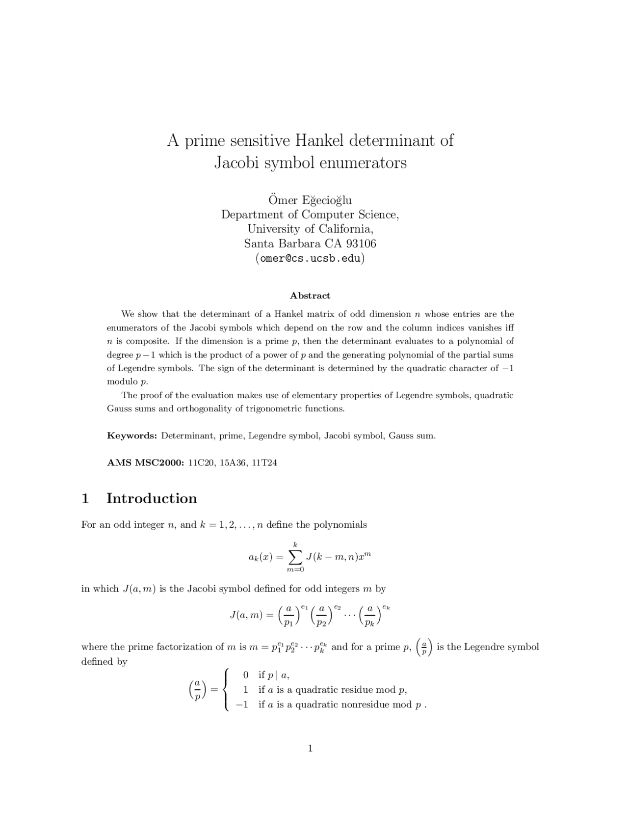 A Prime Sensitive Hankel Determinant of Jacobi Symbol Enumerators | INT ...