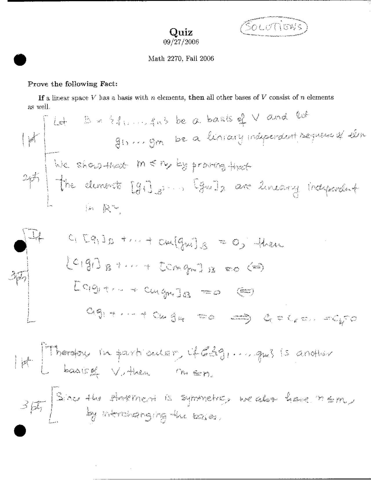 Quiz With Solution For Linear Algebra Math 2270 Docsity