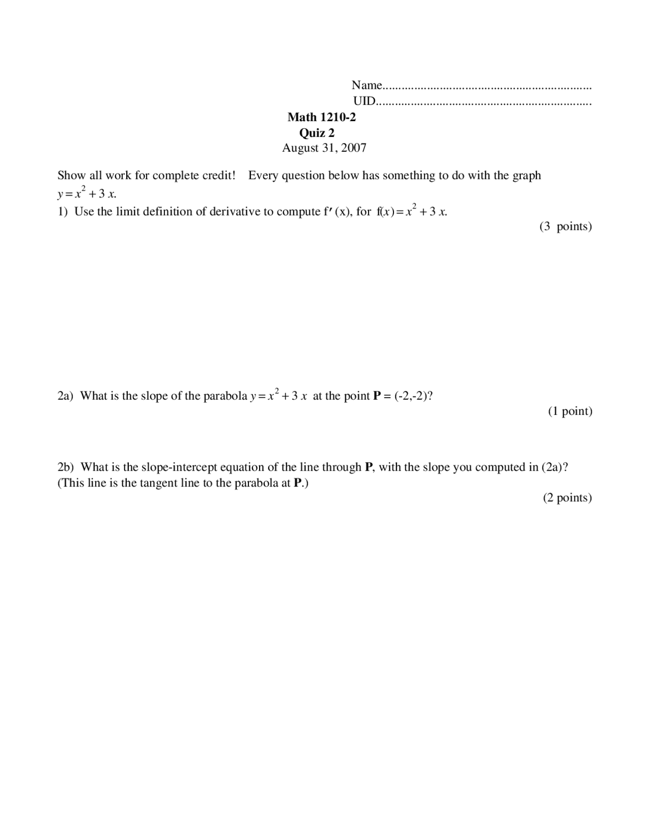 Practice Questions For Calculus I Quiz 2 Math 1210 Docsity