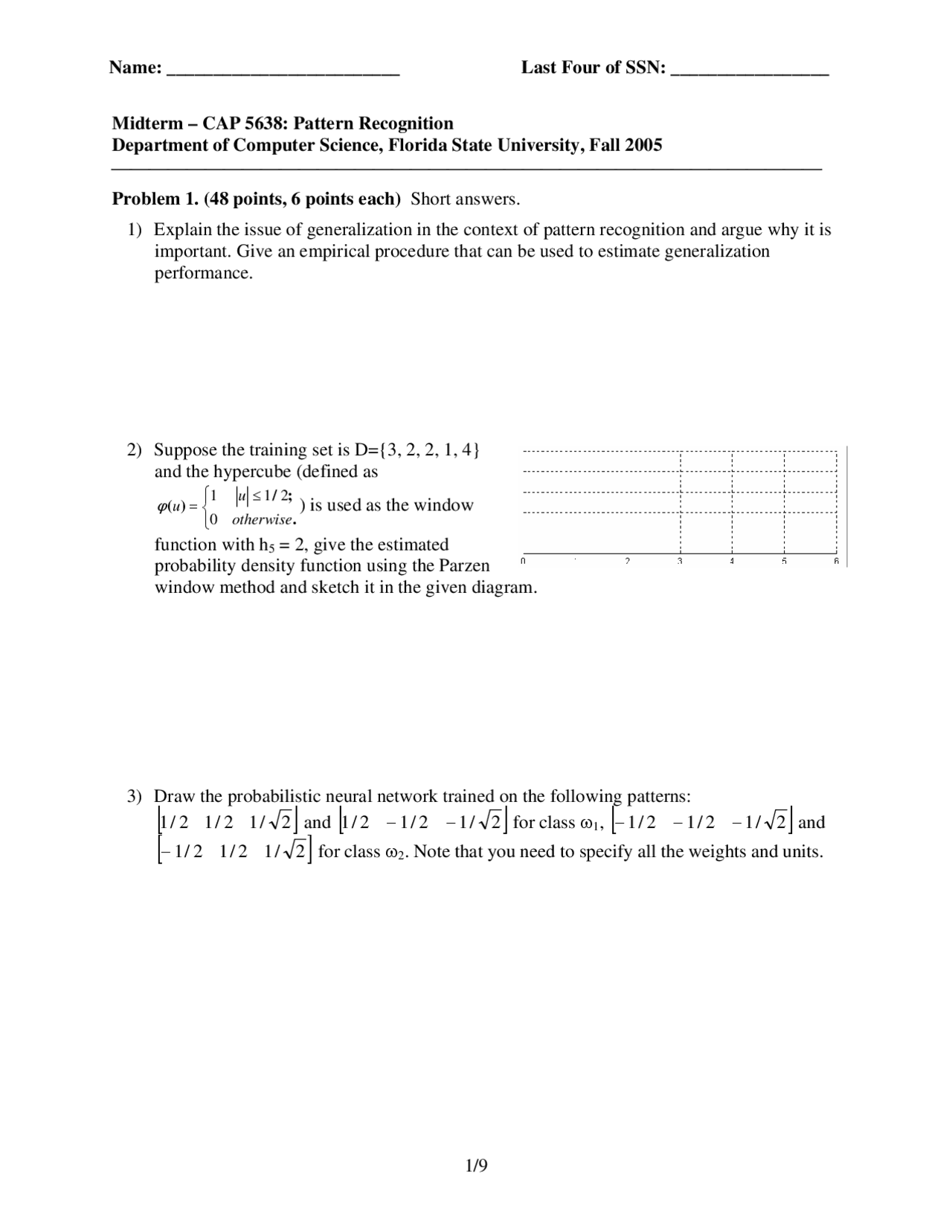6 Problems Midterm Exam Pattern Recognition Cap 5638 Docsity