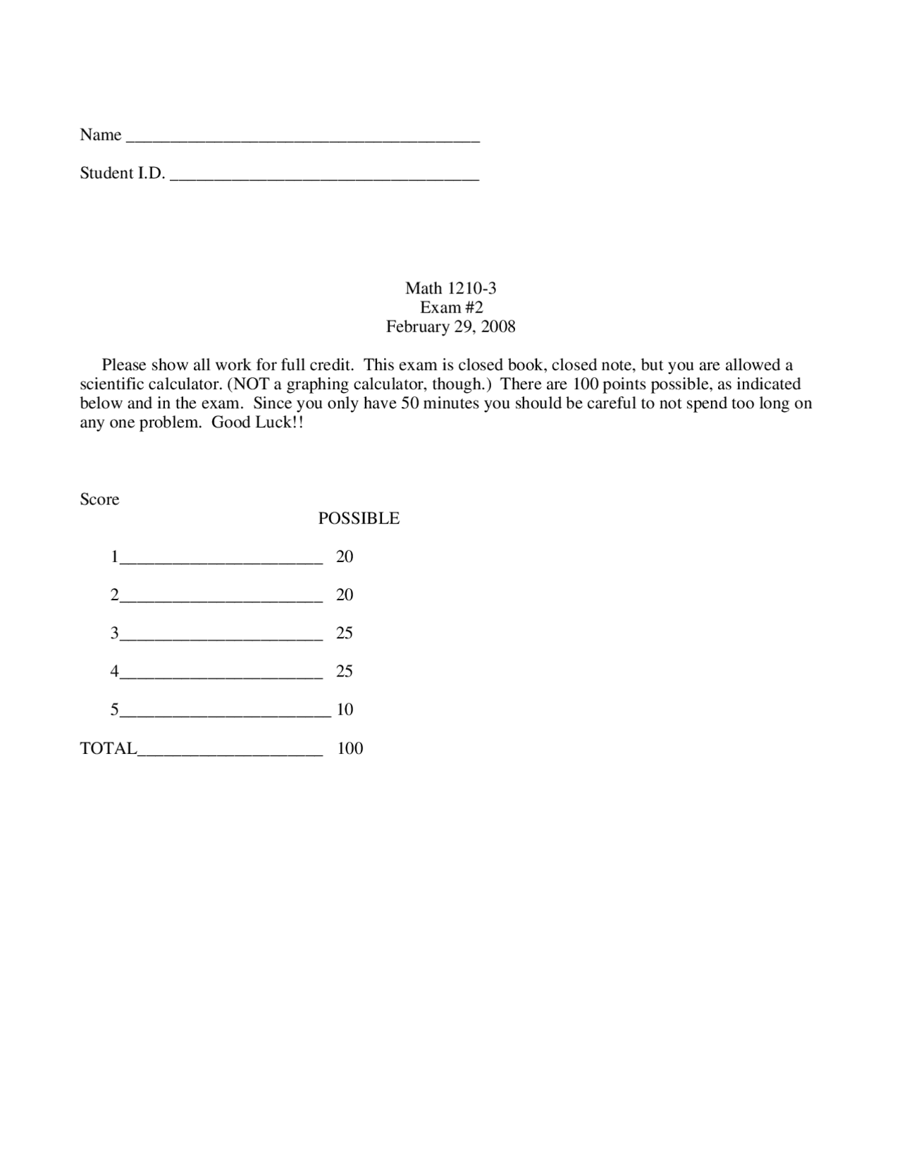 Take Home Problems For Examination 2 Calculus I Math 1210 Docsity