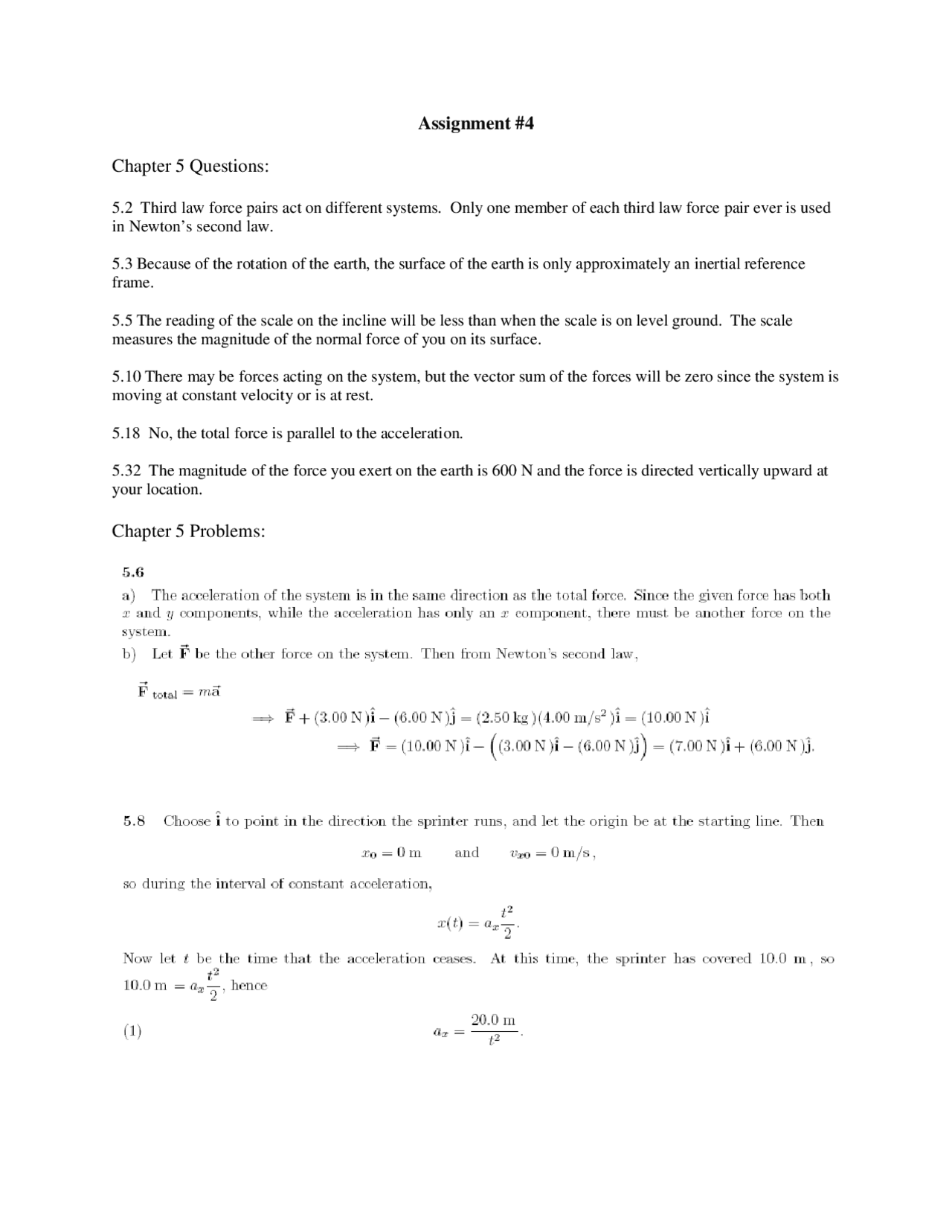 Questions On Introductory Physics I For Majors Assignment 4 Phys