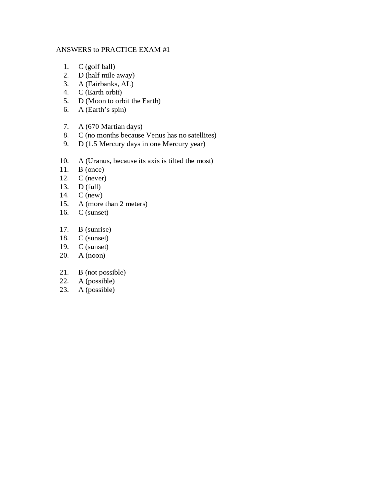 Answers To Practice Exam 1 For The Solar System Astr 1101 Docsity