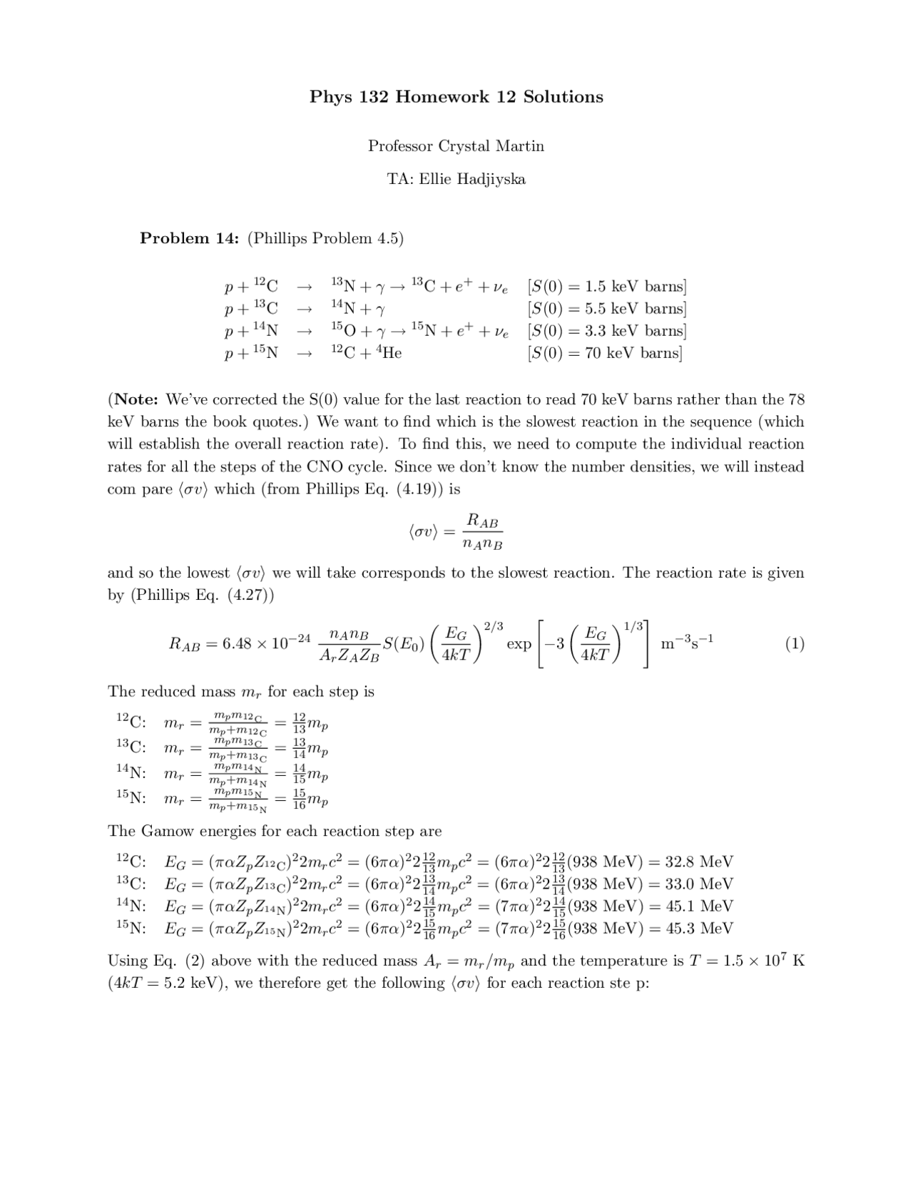 Homework 12 Solutions Gamow Energy Stellar Structure And Evolution