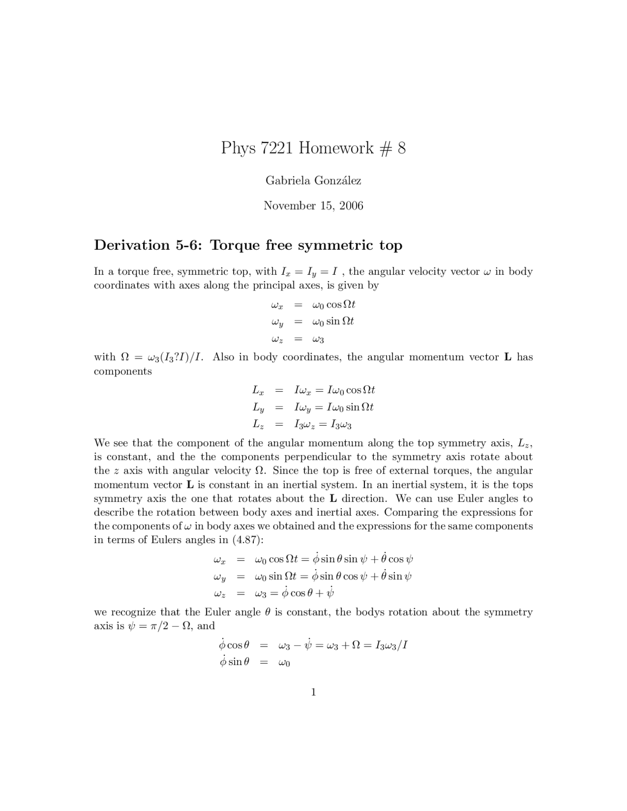 Classical Mechanics - Solved Assignment 8 | PHYS 7221 - Docsity