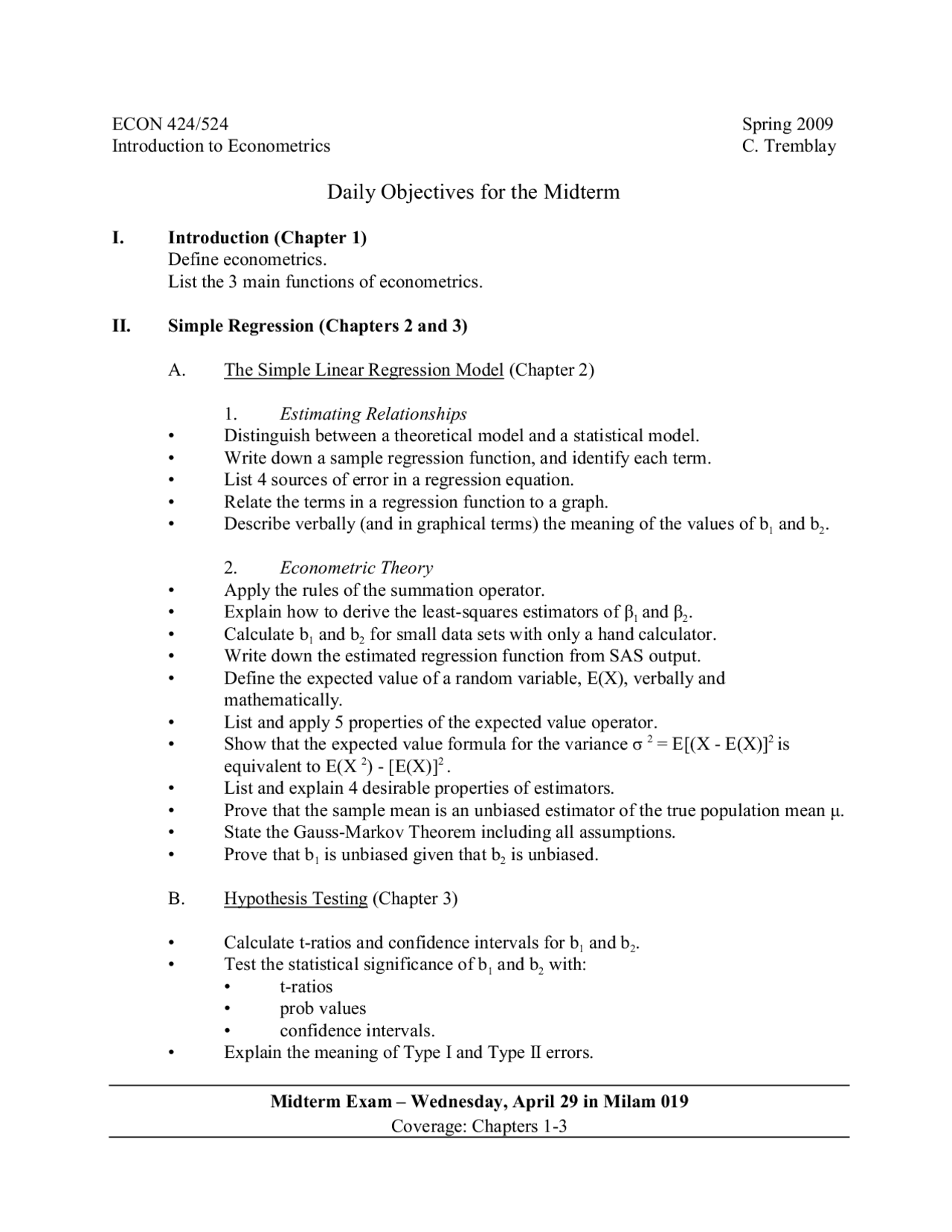 Midterm Exam Preparation: Introduction to Econometrics (ECON 424/524) - Spring 2009 | Exams ...