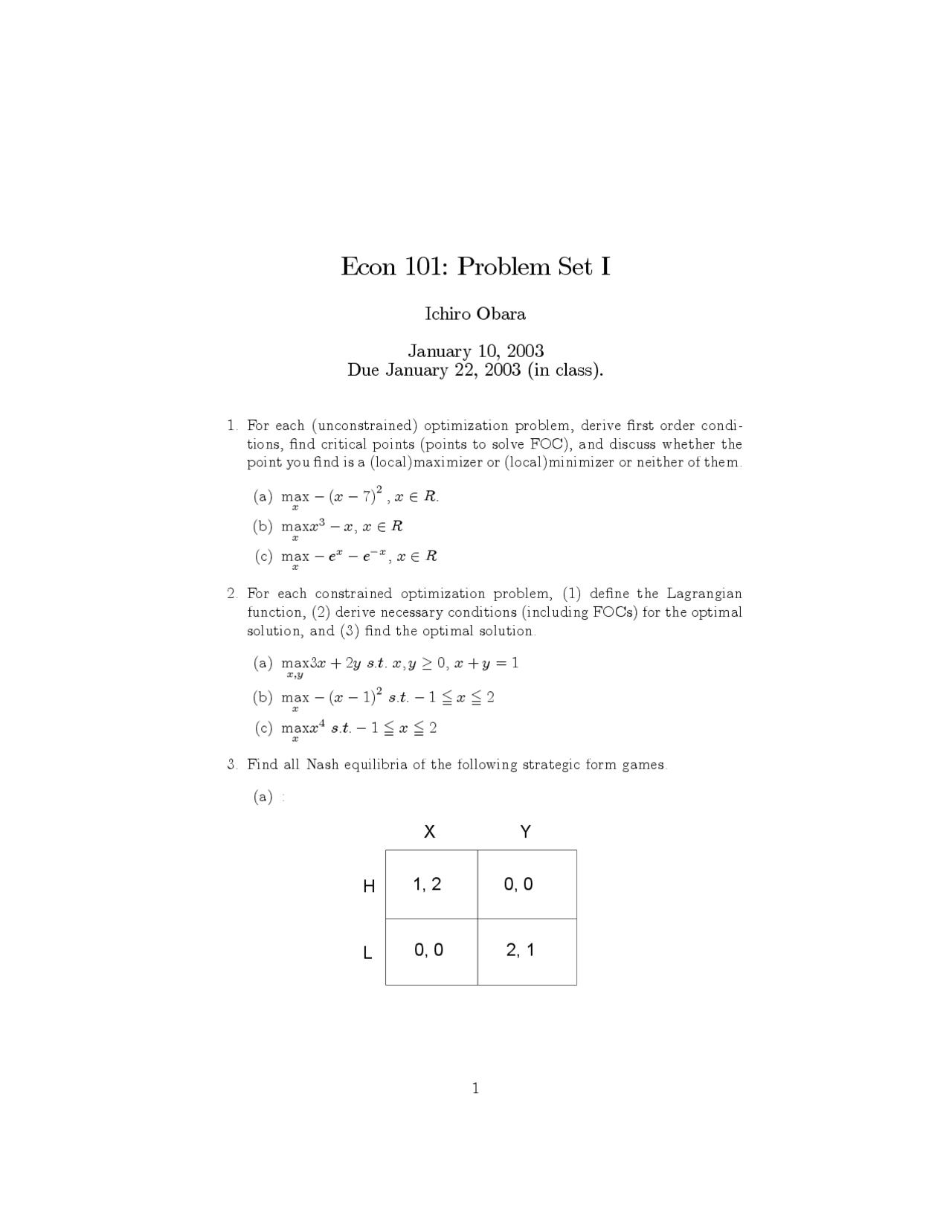 Problem Set 1 Microeconomic Theory Fall 2003 Econ 101 Docsity