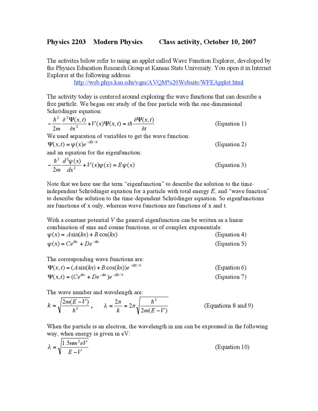 Wave Function Explorer Assignment 10 Phys 2203 Assignments