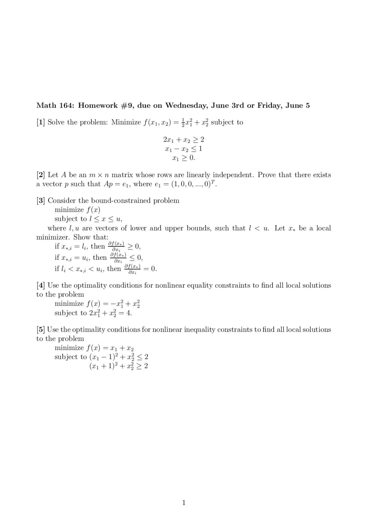 Homework 9 Unsolved Questions For Optimization Math 0164 Docsity