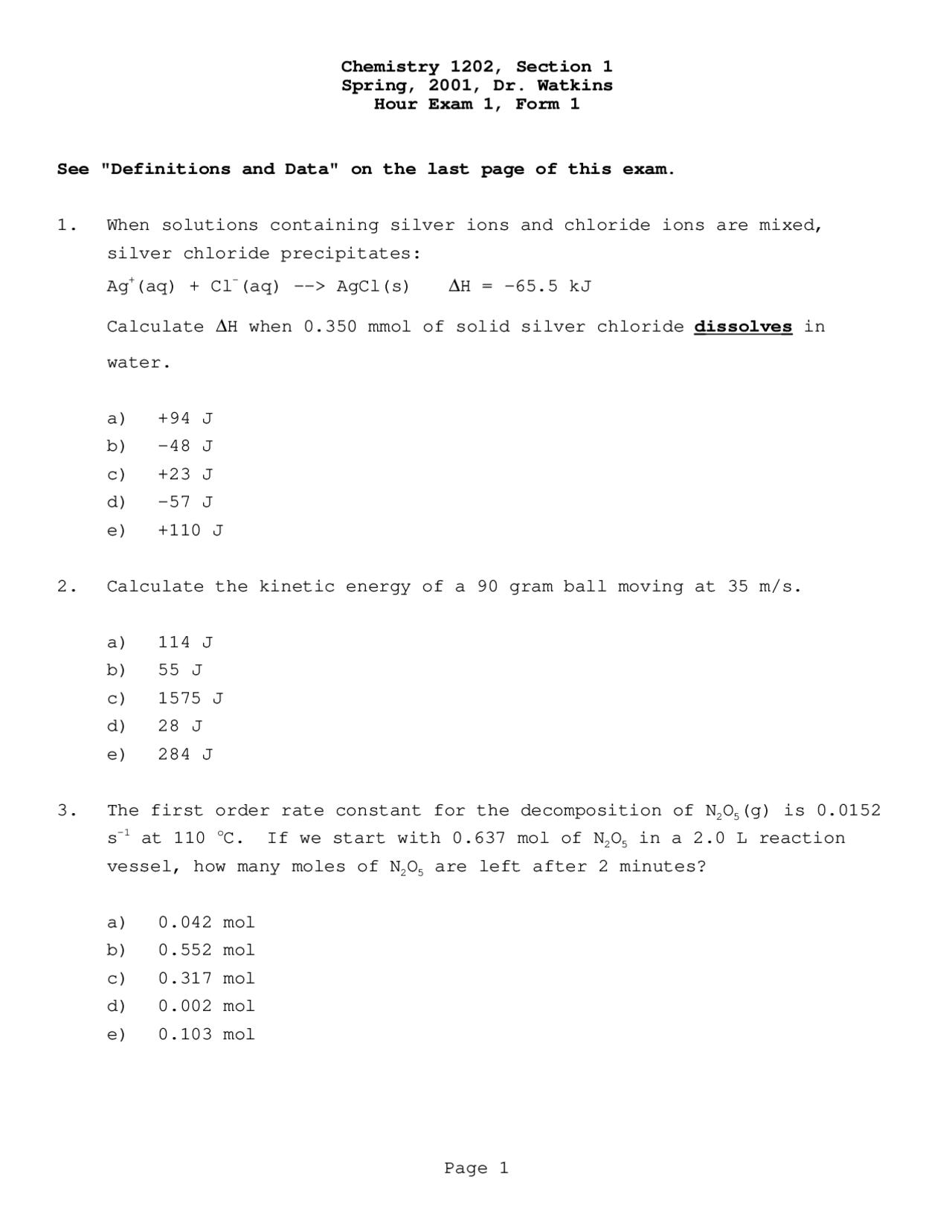 Exam 1 Form 1 with Answer Key - General Chemistry | CHEM 1202 - Docsity