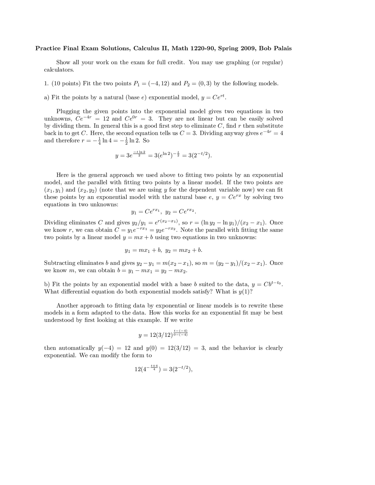 Practice Final Examination Solutions Calculus Ii Math 1220 Docsity