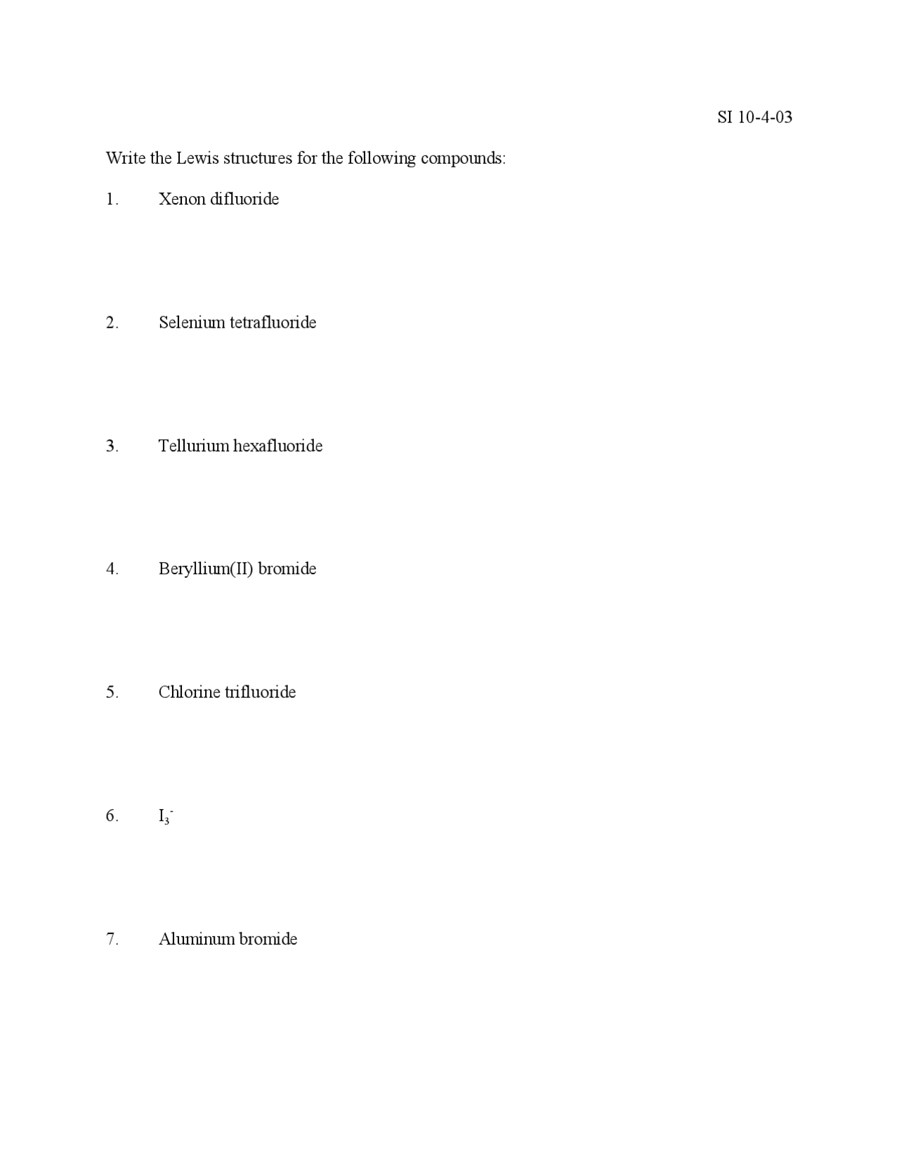 Lewis Structures Assignment General Chemistry I Che 1101 Docsity