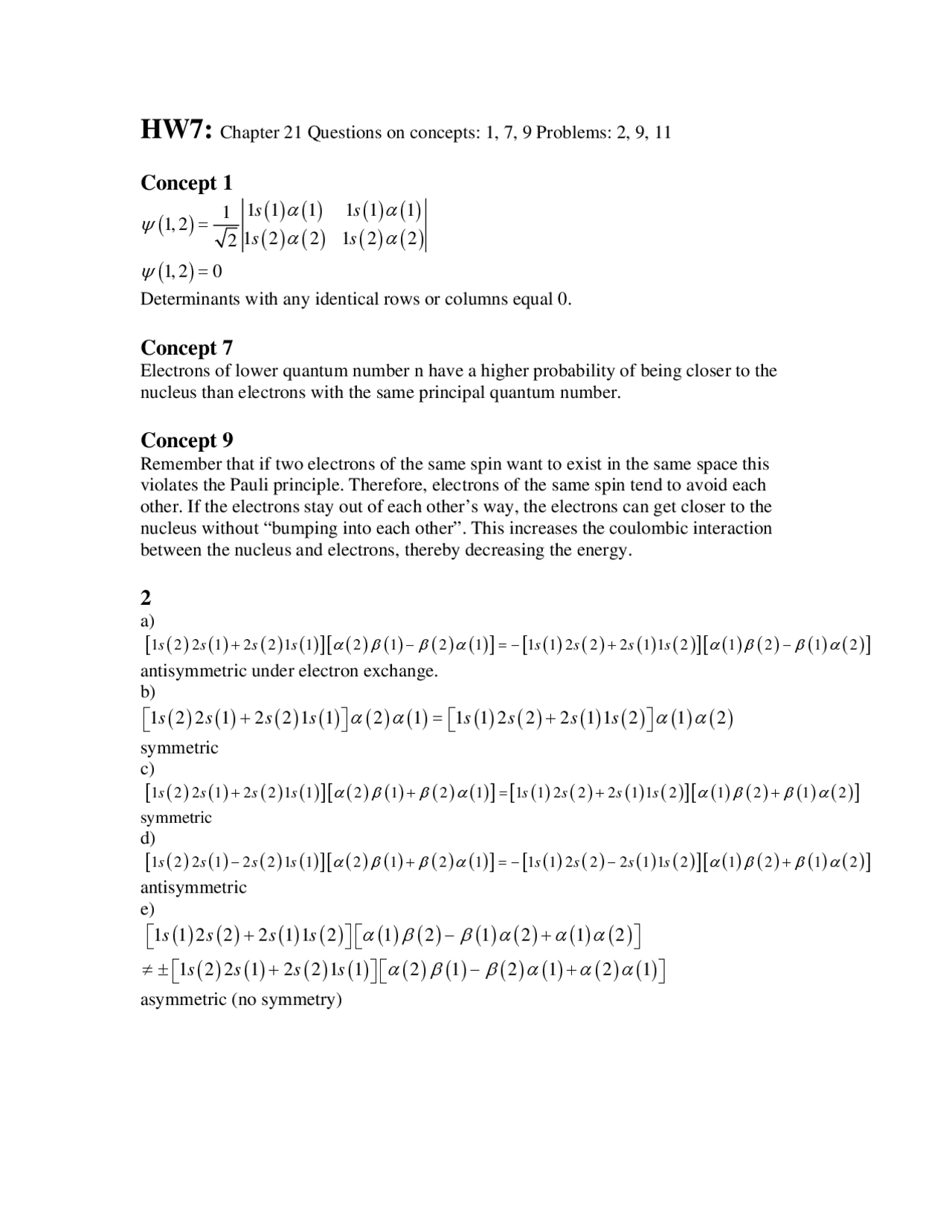 Solutions to Homework 7 - Quantum Chemistry | CHEM 3060 - Docsity