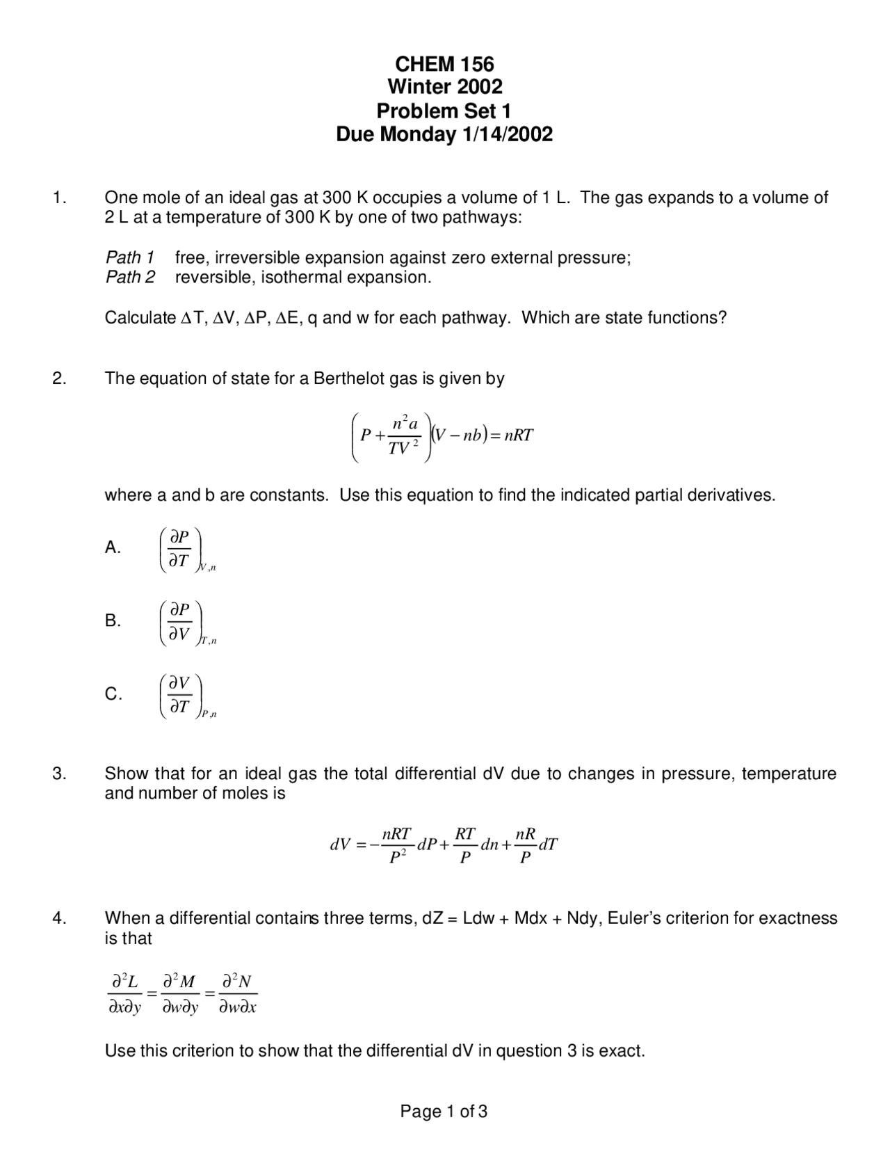 Problem Set 1 Physical Biochemistry Chem 156 Docsity