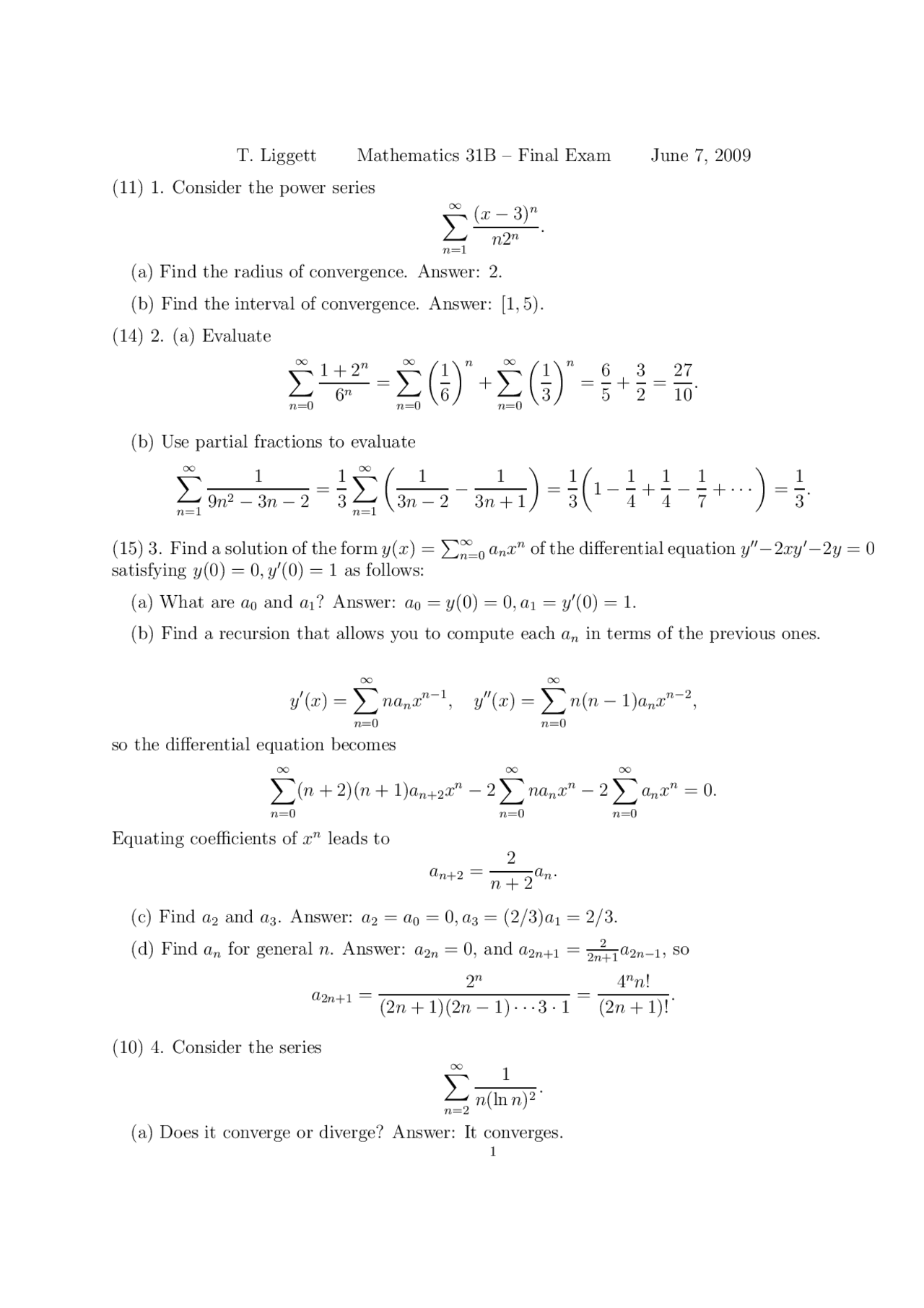 Final Exam Integration And Infinite Series Fall 2009 Math 31b