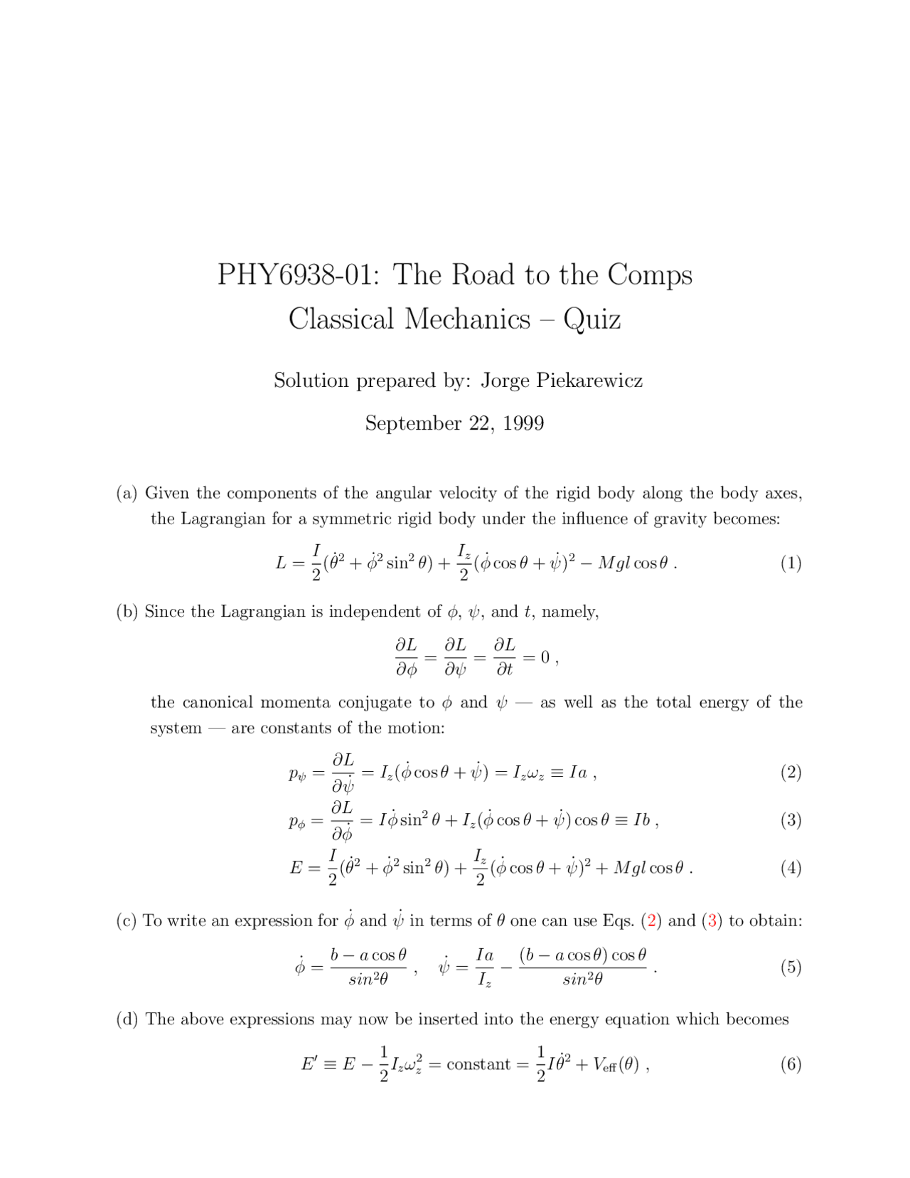 Class Quiz with Solutions - Graduate Problem Solving | PHY 6938 - Docsity