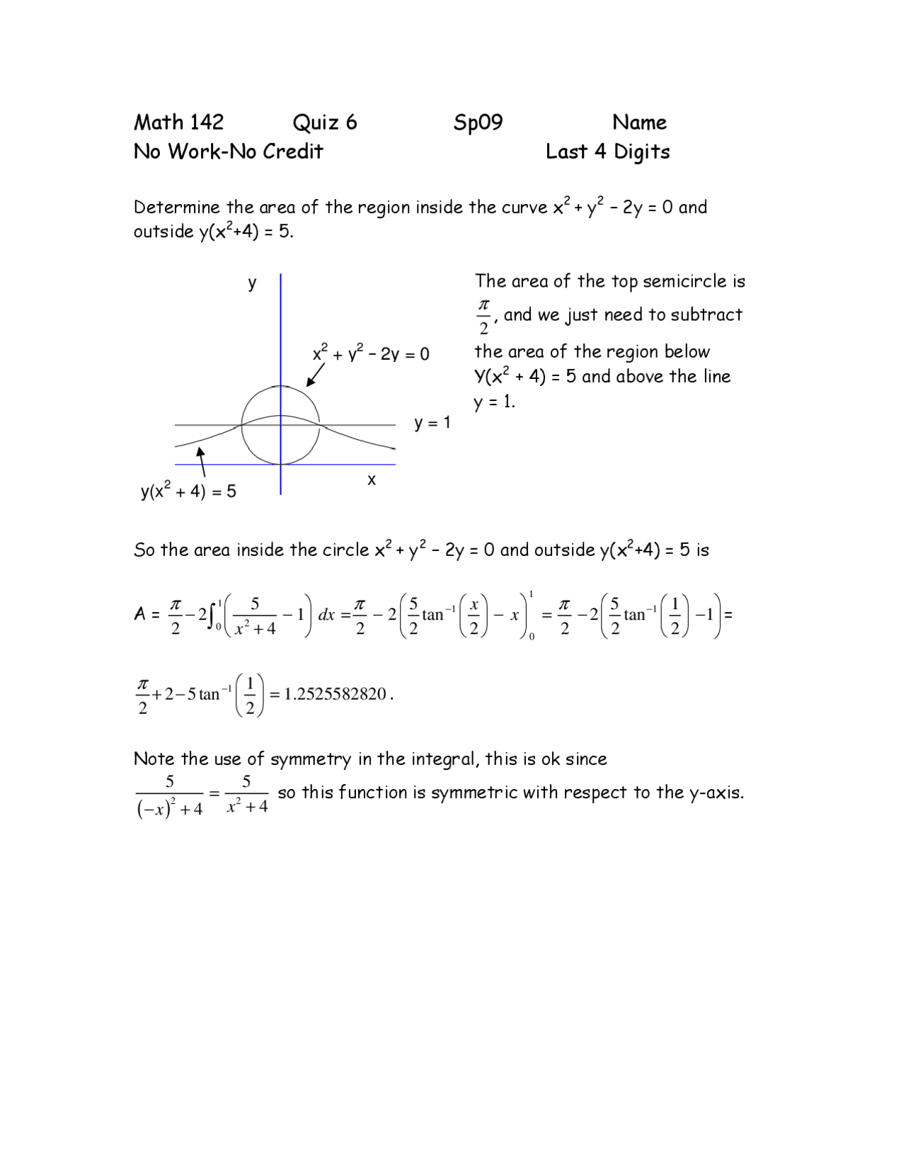 Determine The Area Of Region Inside The Curve Quiz 6 Math 142 Docsity