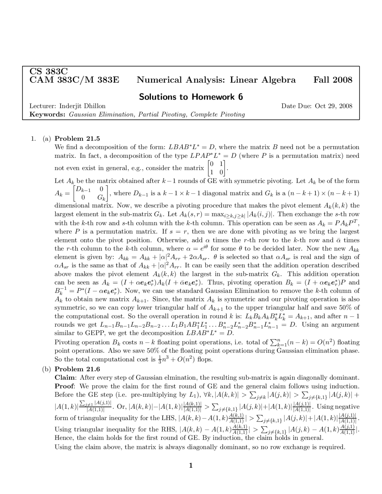 Numerical Analysis In Linear Algebra Homework 6 N 1 Docsity