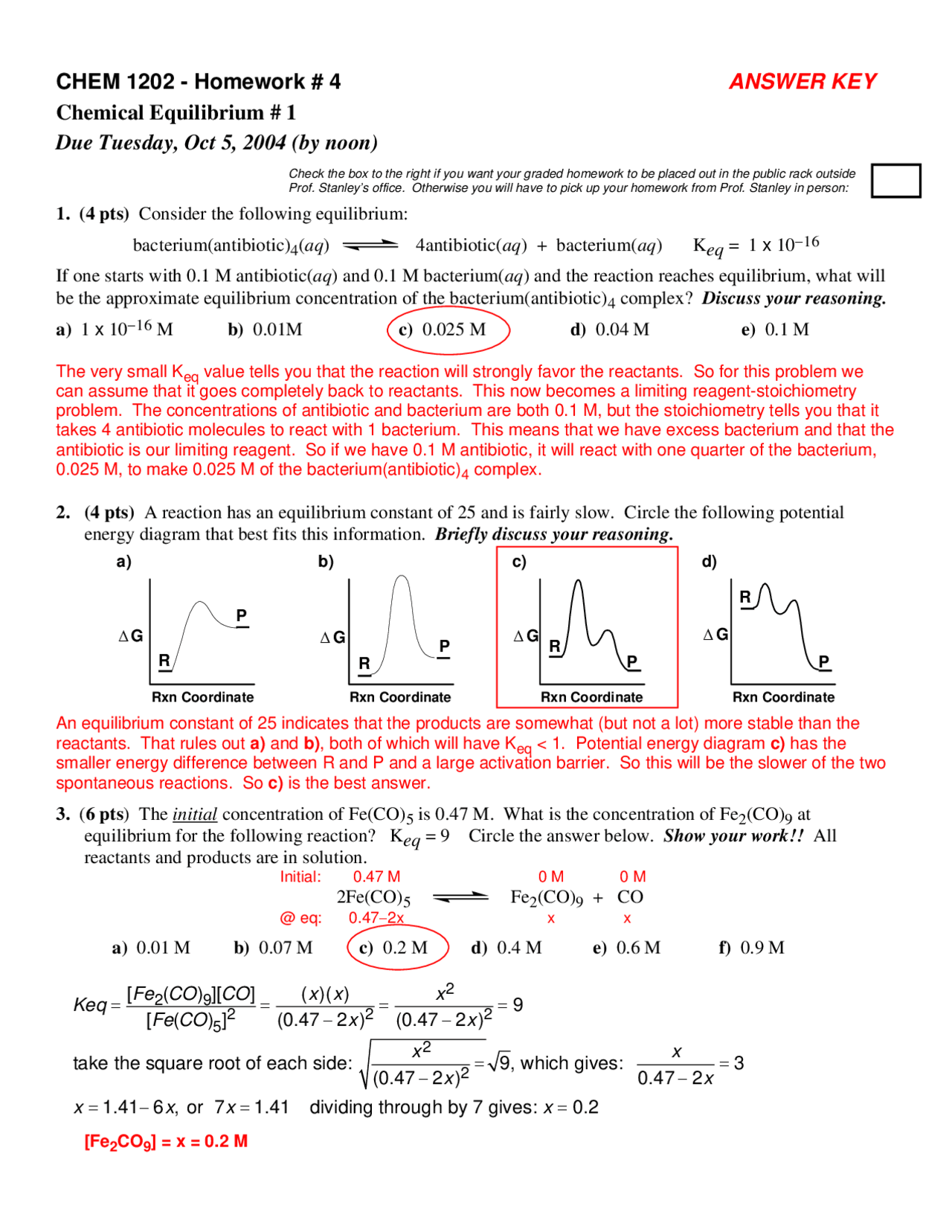 Homework 4 With Answer Key For Chemical Equilibrium I Chem 1202 Docsity