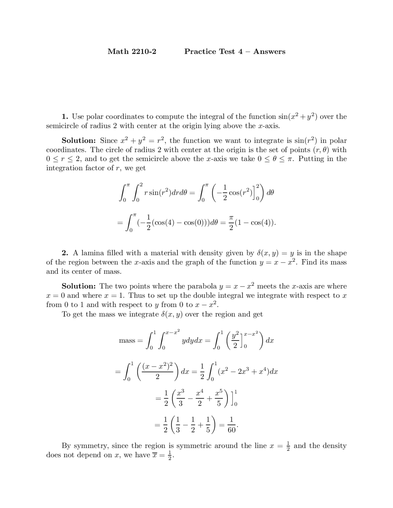 Practice Test Answers for Math 2210-2: Integration and Multivariable ...