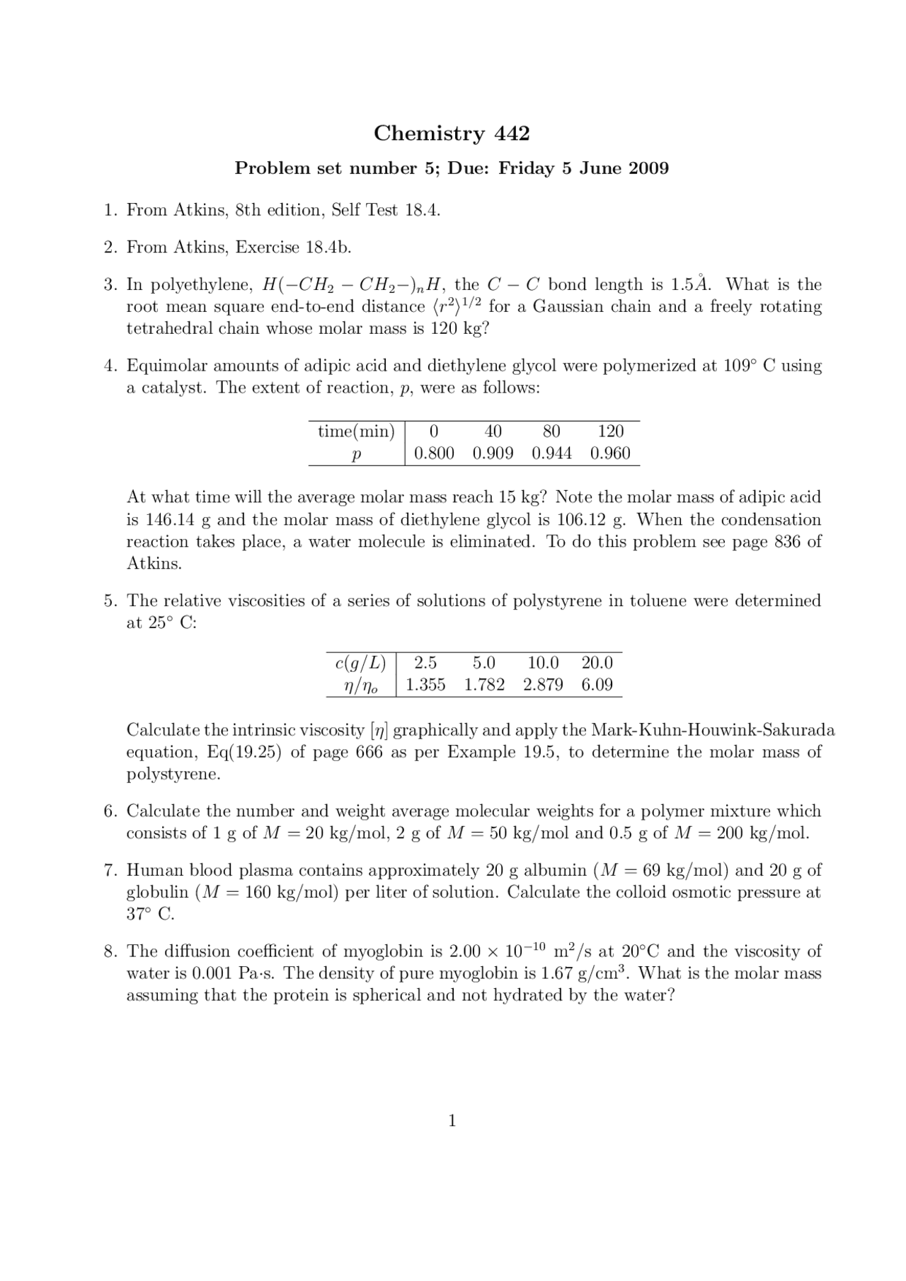 8 Questions On Physical Chemistry Problem Set 5 Ch 440 Docsity