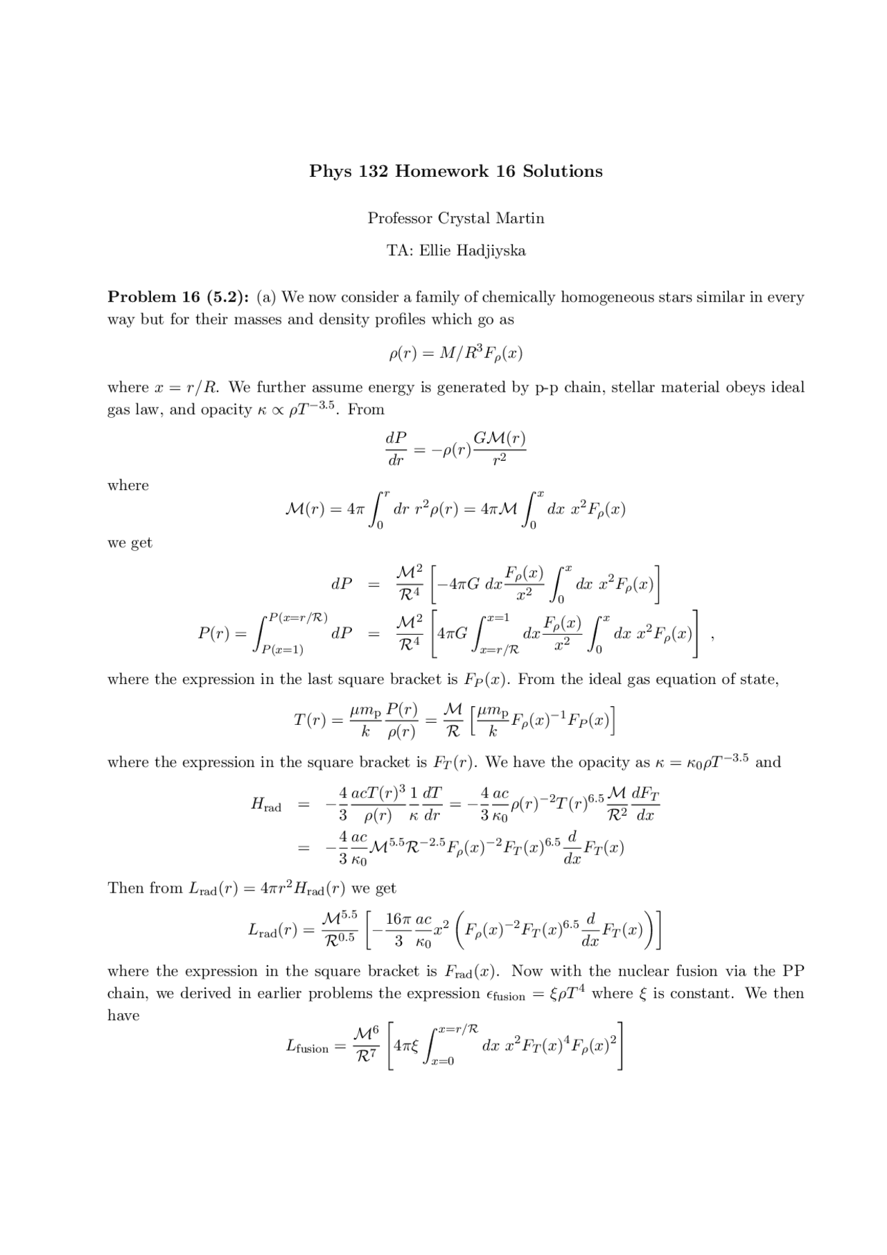 Homework 16 Problems With Solution Stellar Structure And Evolution