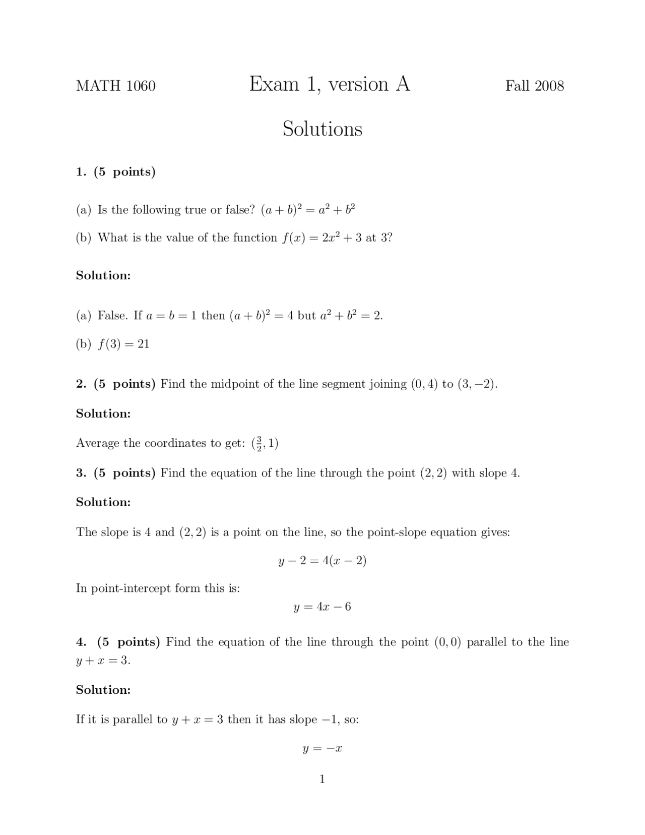 Old Exam 1 Version A with Solutions - Trigonometry | MATH 1060 - Docsity