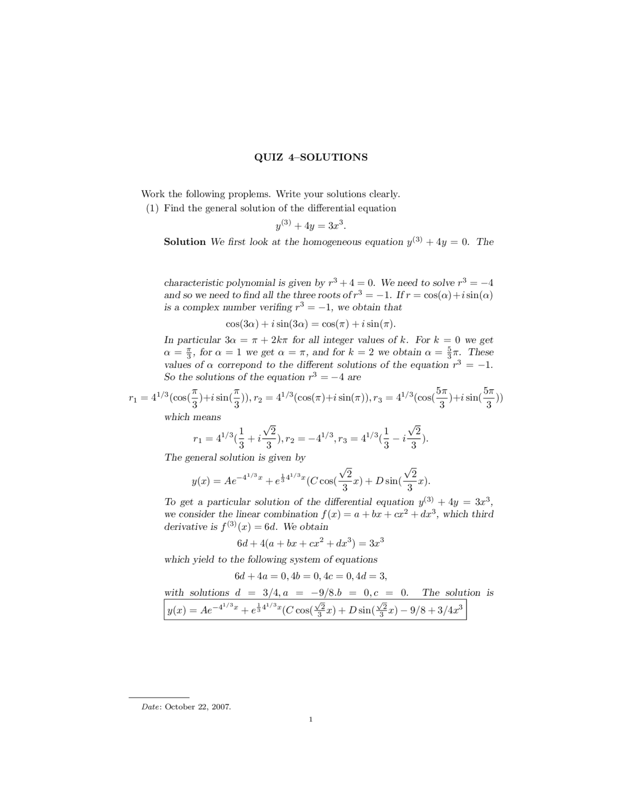 Quiz 4 Solutions Differential Equations Math 221 Docsity