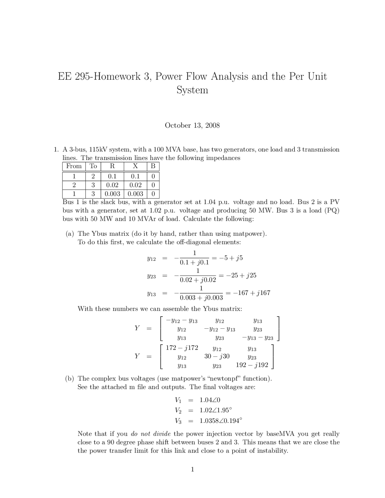 Homework 3 on Power Flow Analysis and the Per Unit System | EE 295 | Assignments Electrical and ...